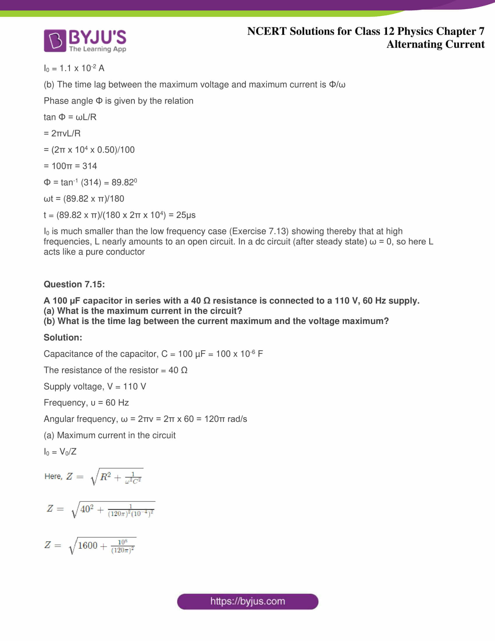 NCERT Solutions Class 12 Physics Chapter 7 Alternating Current