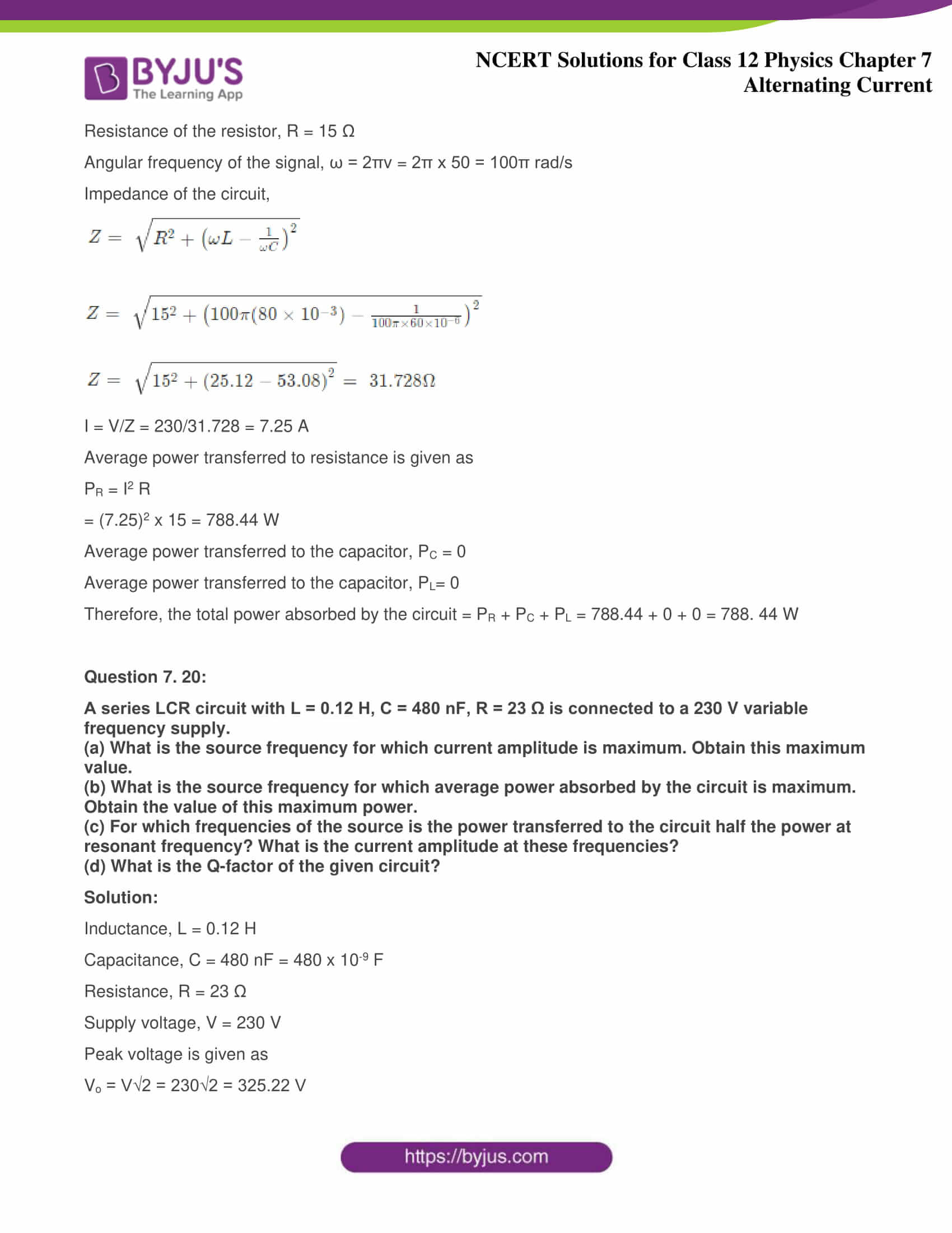 NCERT Solutions Class 12 Physics Chapter 7 Alternating Current