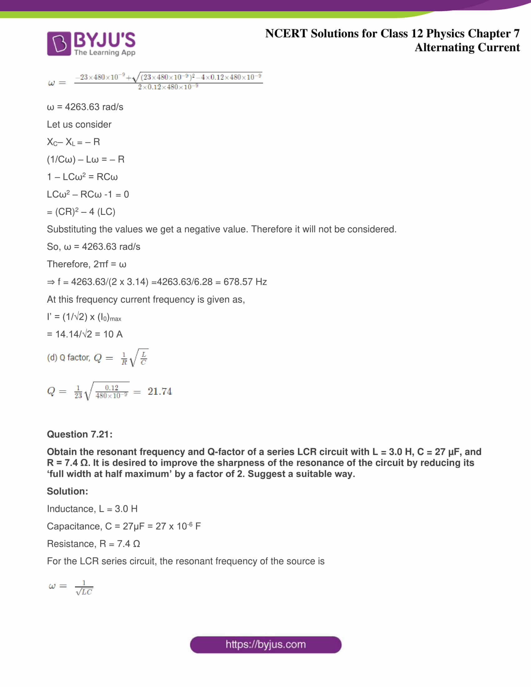 NCERT Solutions Class 12 Physics Chapter 7 Alternating Current