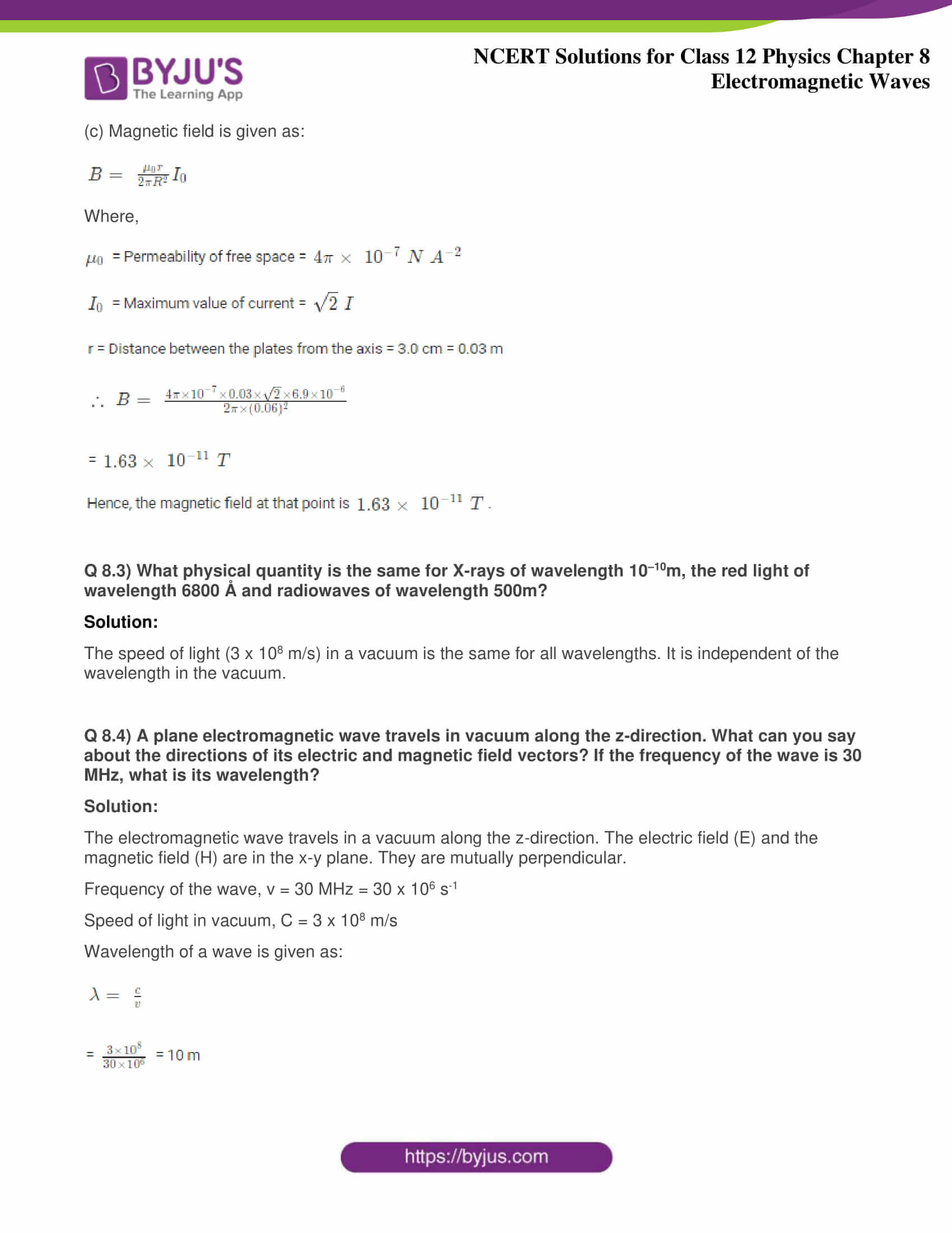 NCERT Solutions Class 12 Physics Chapter 8 Electromagnetic Waves