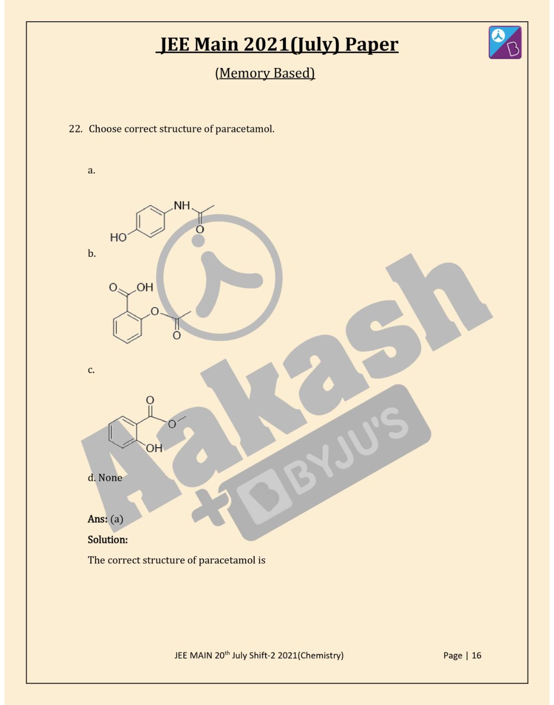 JEE Main 2021 Chemistry Paper With Solutions July 20 Shift 2