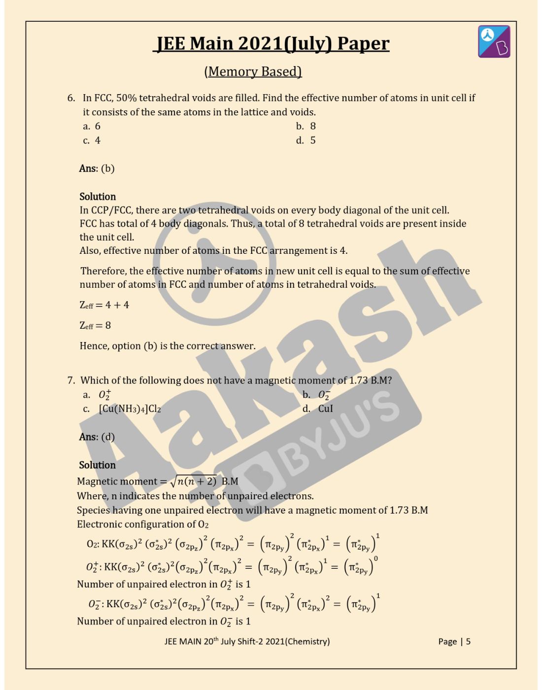 JEE Main 2021 Chemistry Paper With Solutions July 20 Shift 2