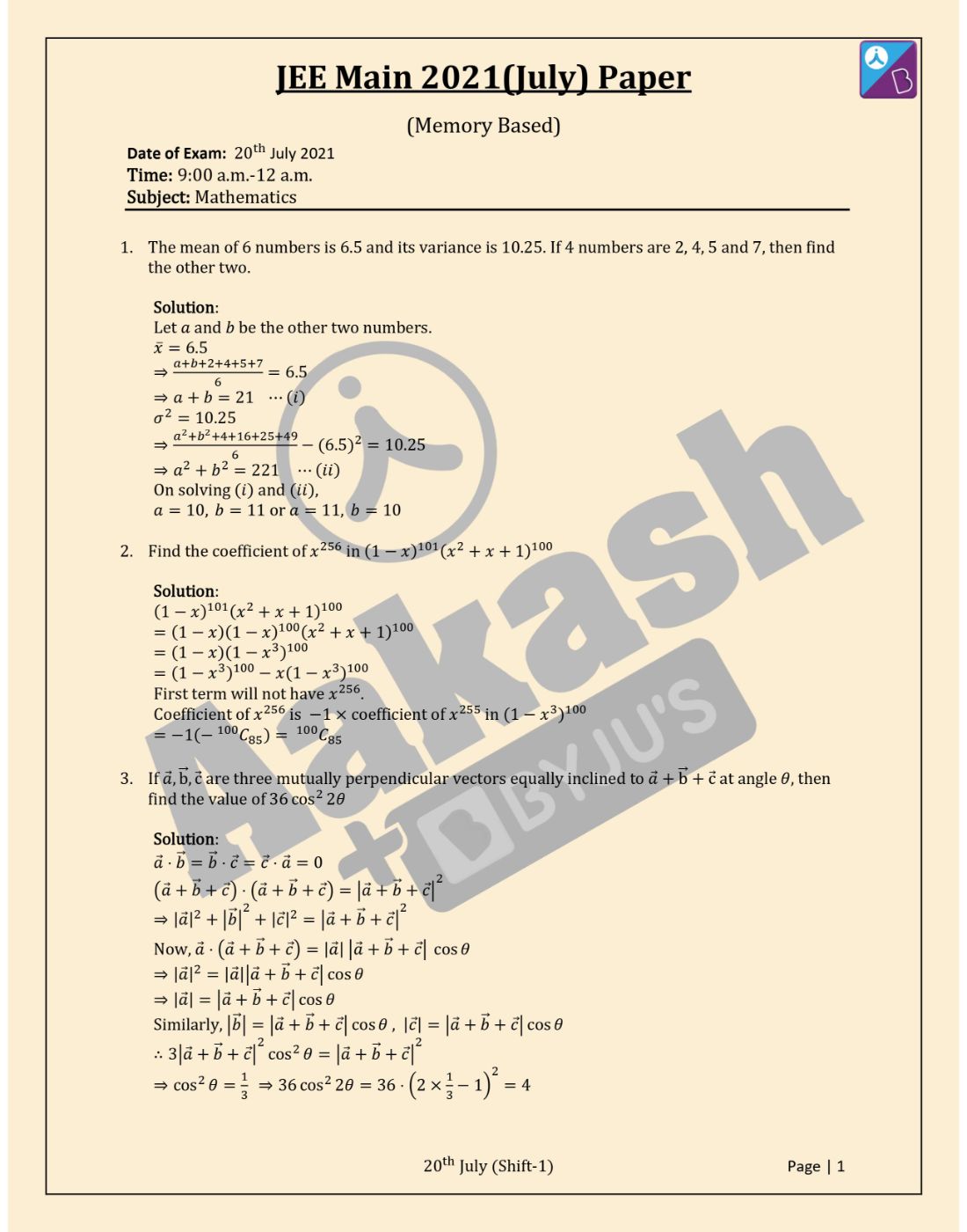 JEE Main 2021 Maths Paper With Solutions July 20 Shift 1
