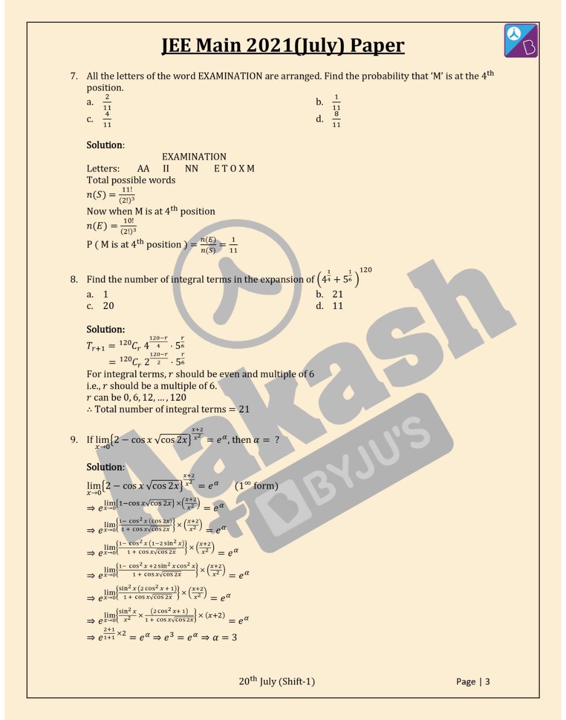 JEE Main 2021 Maths Paper With Solutions July 20 Shift 1