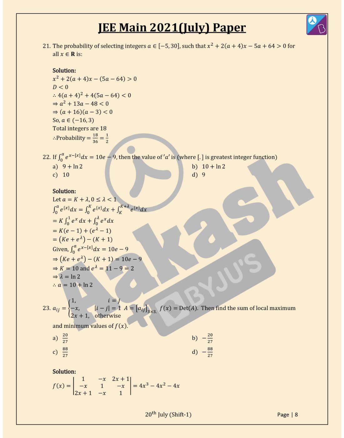 JEE Main 2021 Maths Paper With Solutions July 20 Shift 1