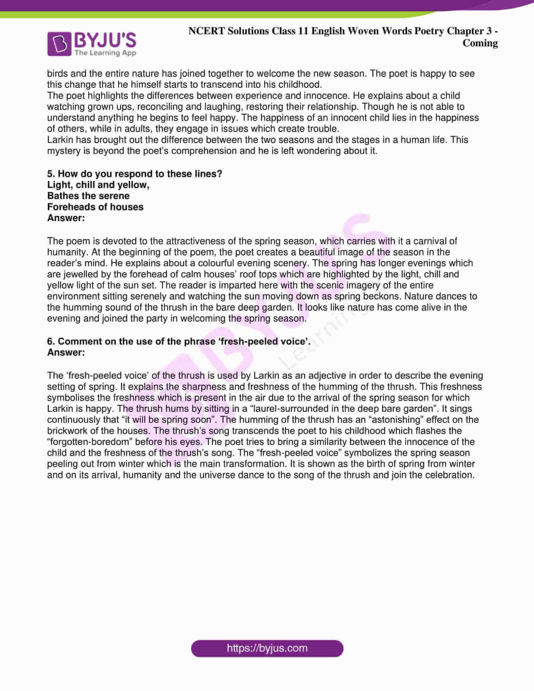 NCERT Solutions for Class 11 English Woven Words Poetry Chapter 3 Coming