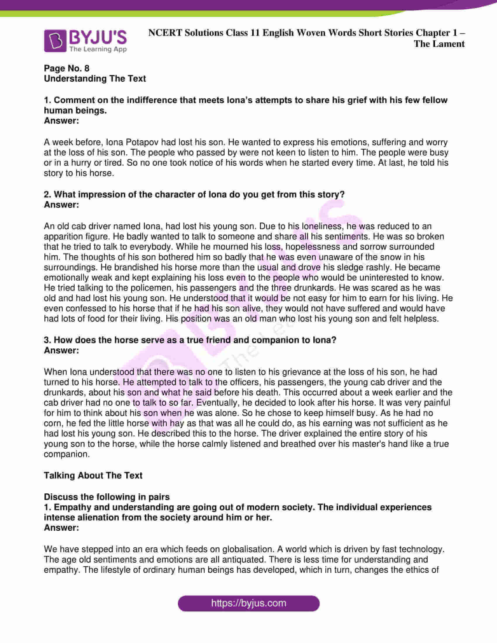 NCERT Solutions for Class 11 English Woven Words Chapter 1 The Lament