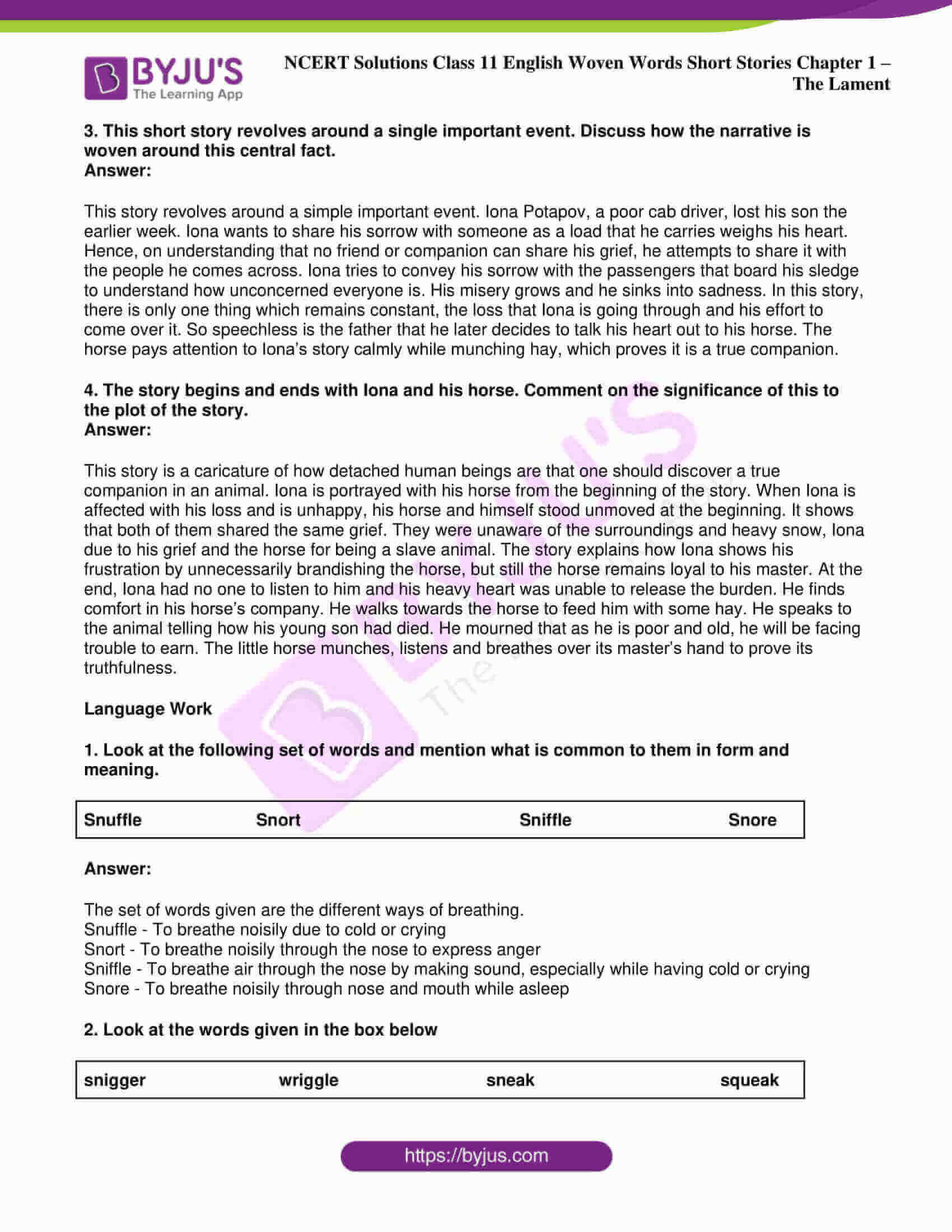 NCERT Solutions for Class 11 English Woven Words Chapter 1 The Lament