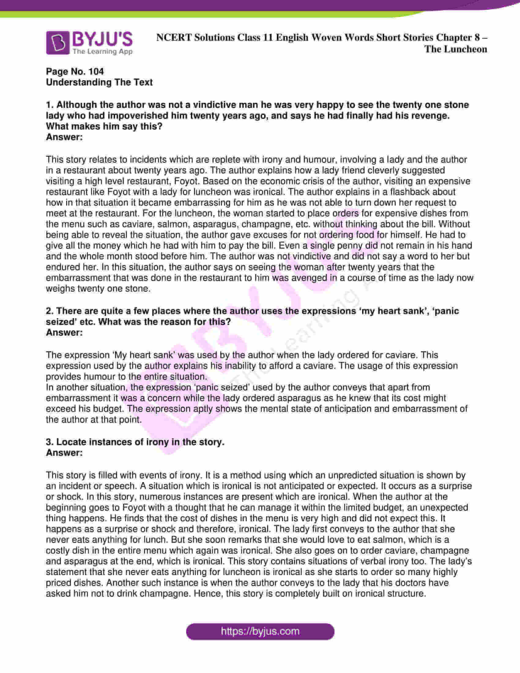 NCERT Solutions For Class 11 English Woven Words Chapter 8 The Luncheon NCERT Solutions For Class 11 English Woven Words Chapter 8 The Luncheon