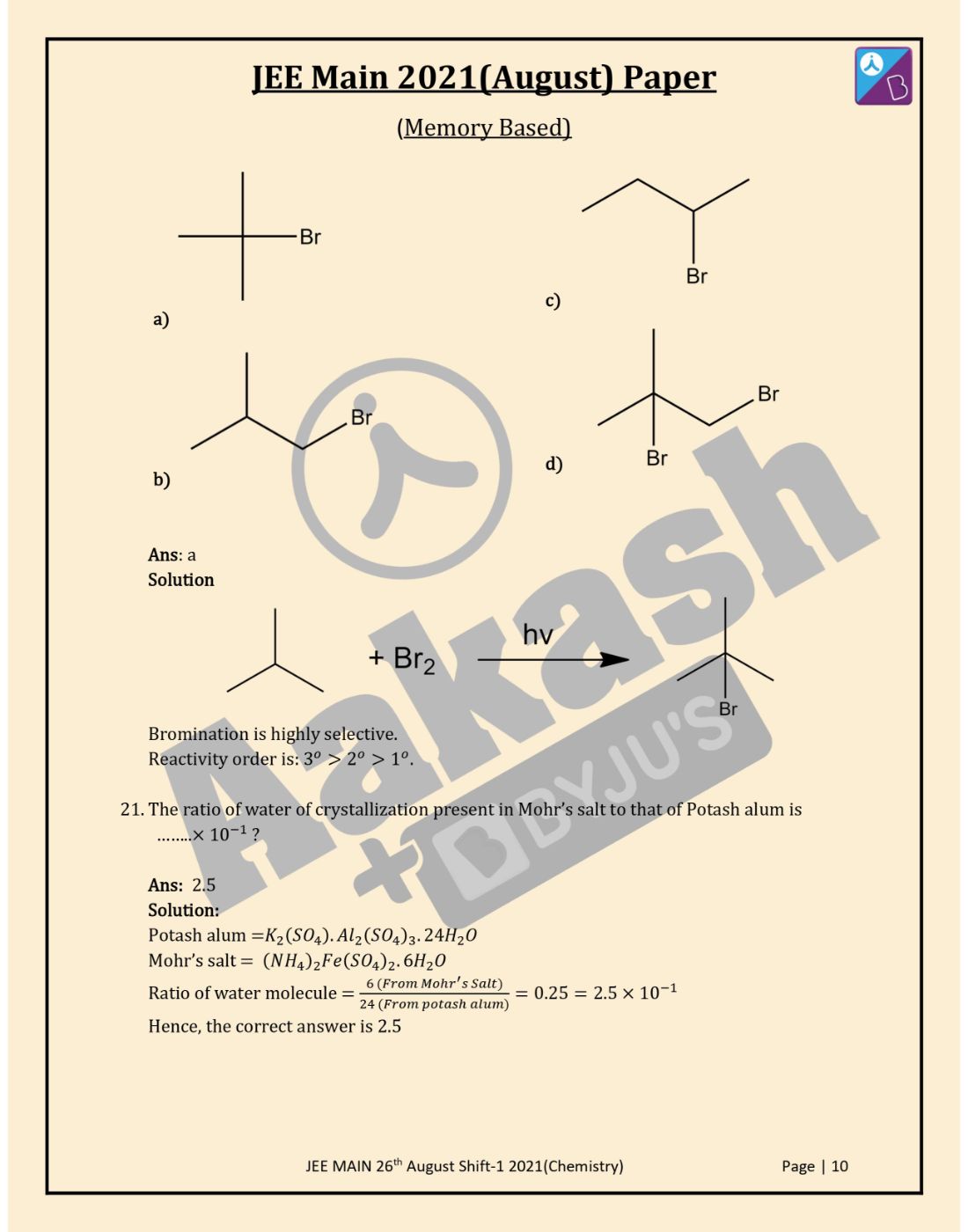 JEE Main 2021 Chemistry Paper With Solutions August 26 Shift 1