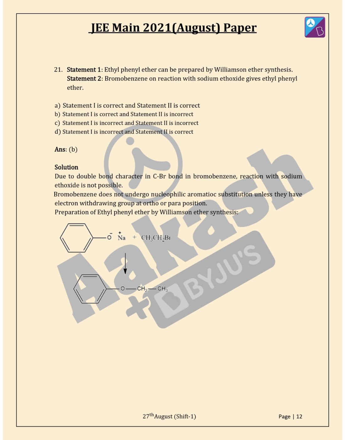JEE Main 2021 Chemistry Paper With Solutions August 27 Shift 1