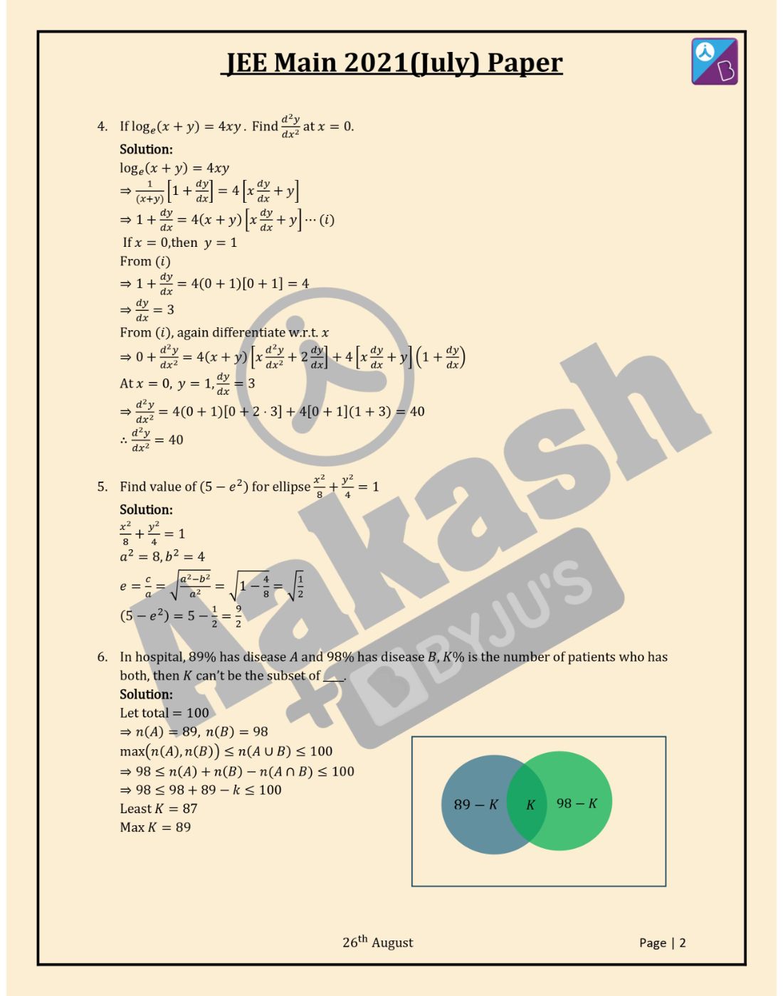 JEE Main 2021 August 26 Shift 1 Maths Question Paper with Solutions ...