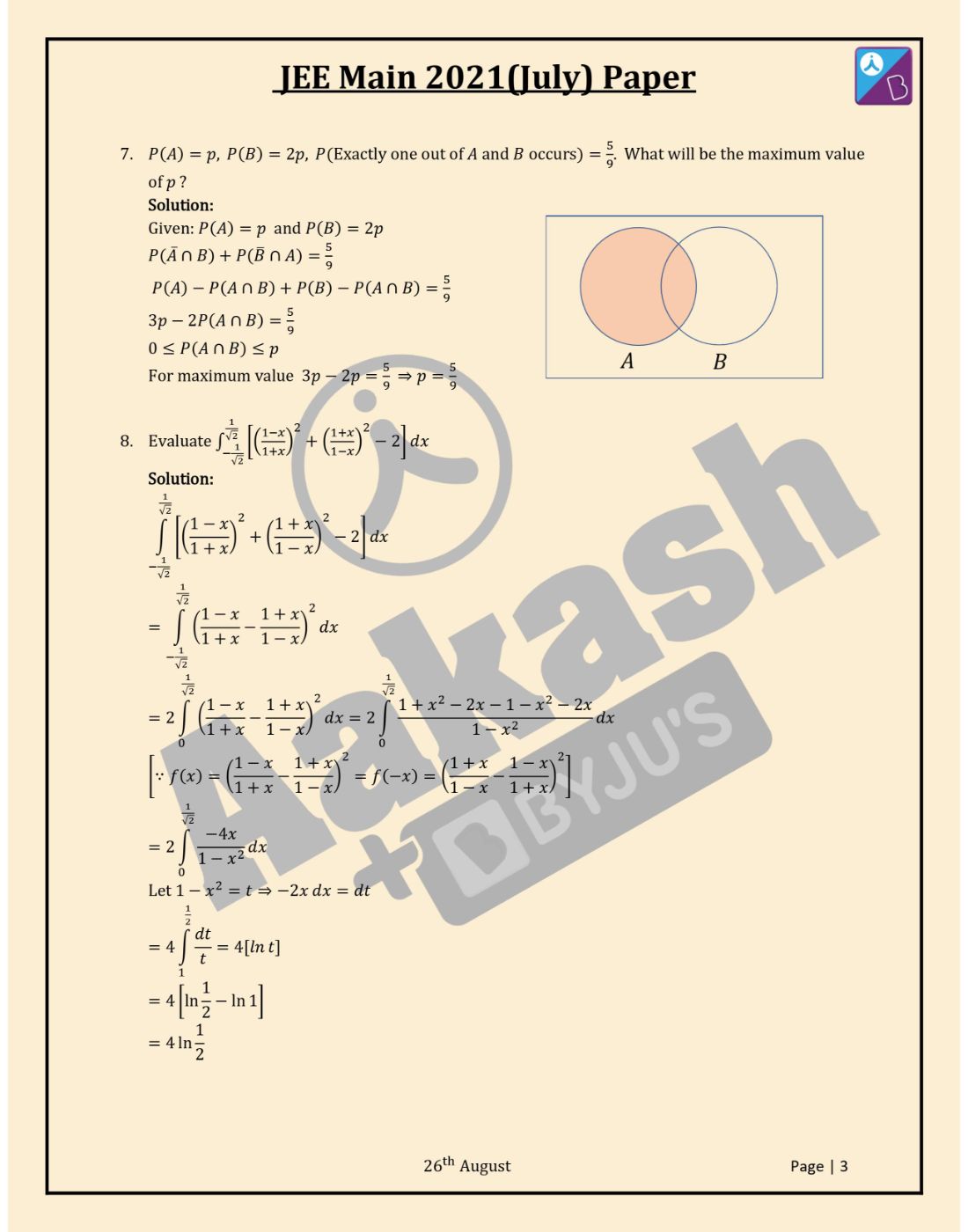 JEE Main 2021 August 26 Shift 1 Maths Question Paper with Solutions ...