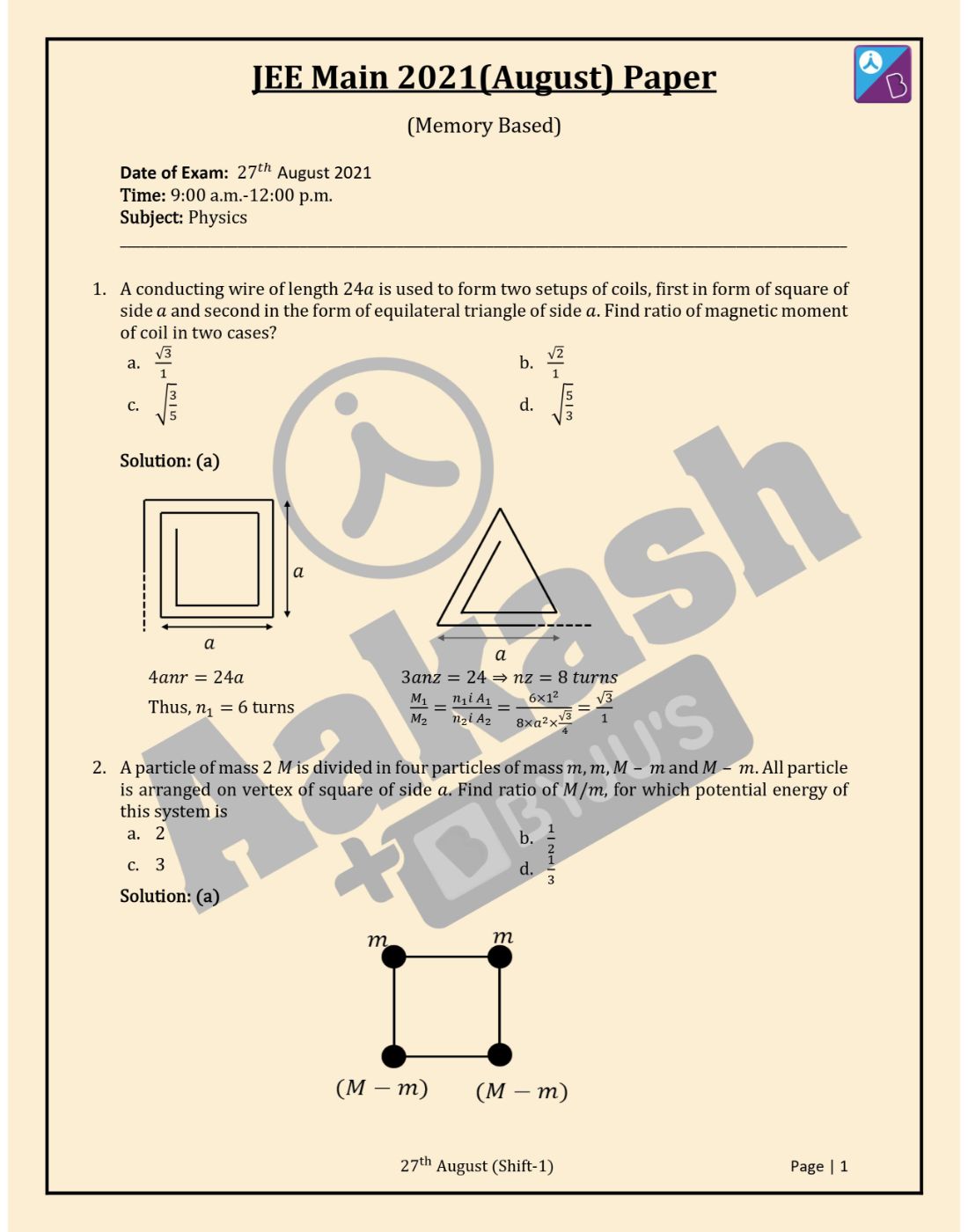 JEE Main 2021 Physics Paper With Solutions August 27 Shift 1