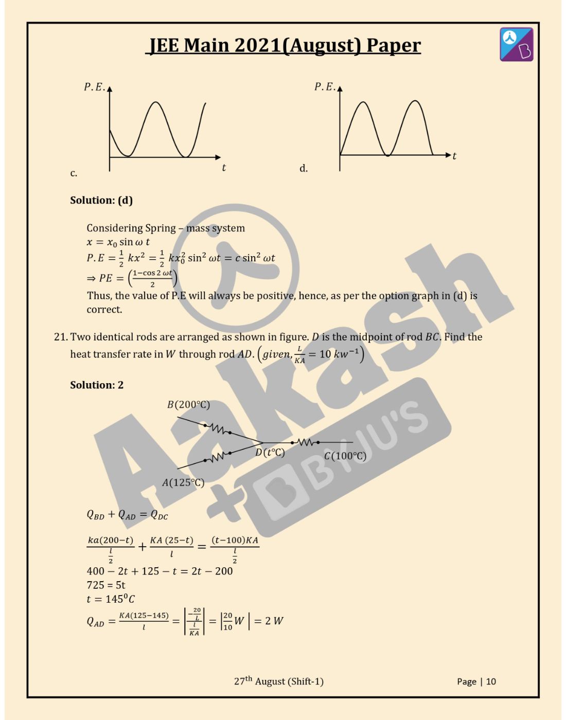 JEE Main 2021 Physics Paper With Solutions August 27 Shift 1