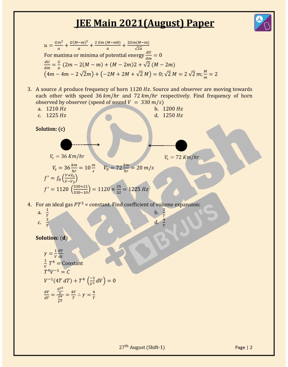 JEE Main 2021 Physics Paper With Solutions August 27 Shift 1