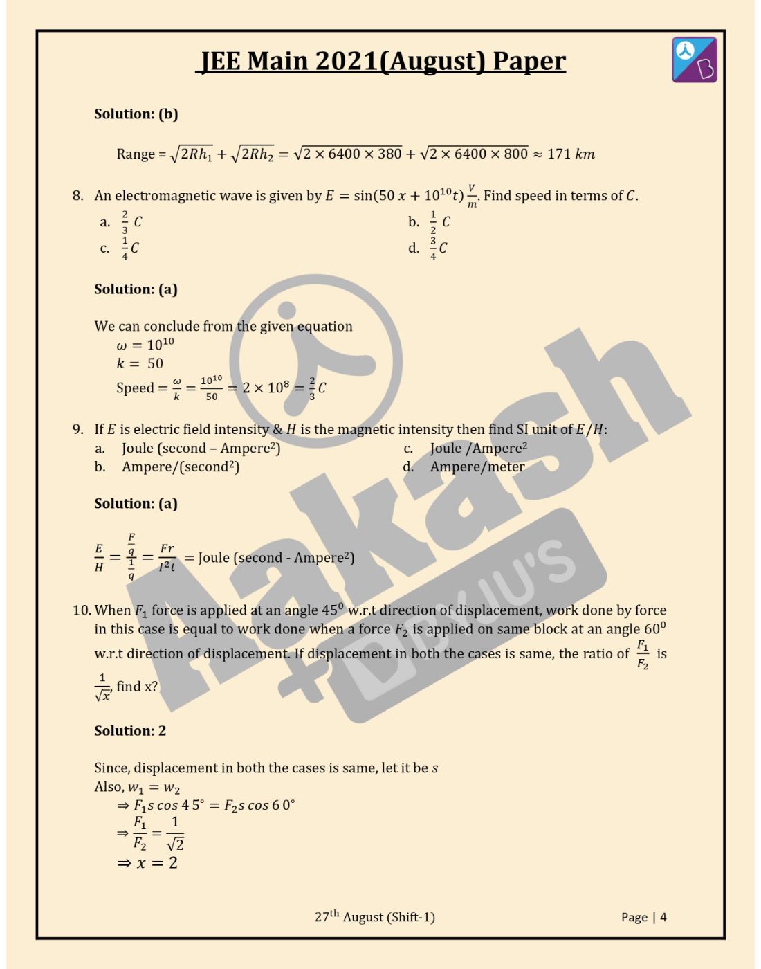 JEE Main 2021 Physics Paper With Solutions August 27 Shift 1