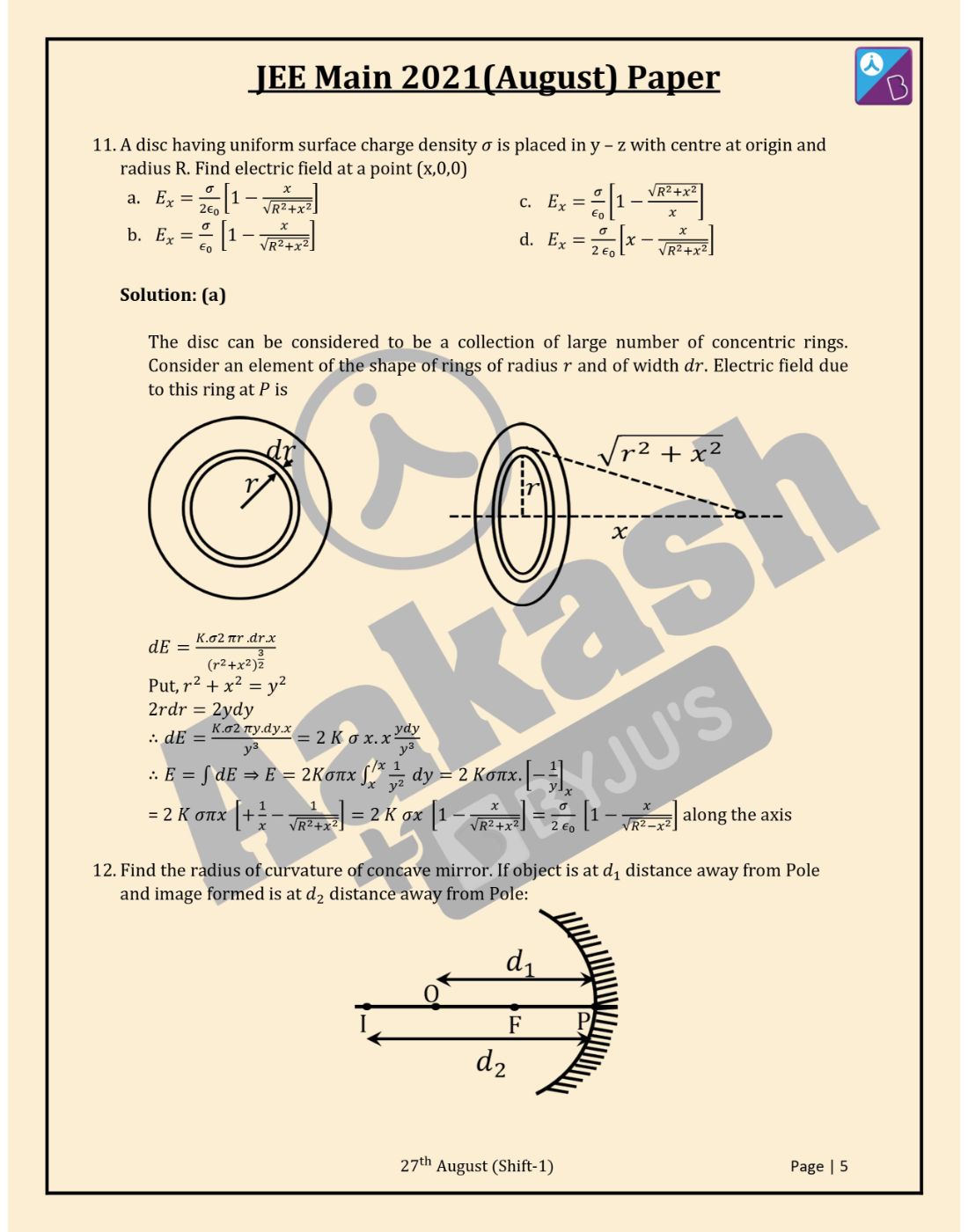 JEE Main 2021 Physics Paper With Solutions August 27 Shift 1