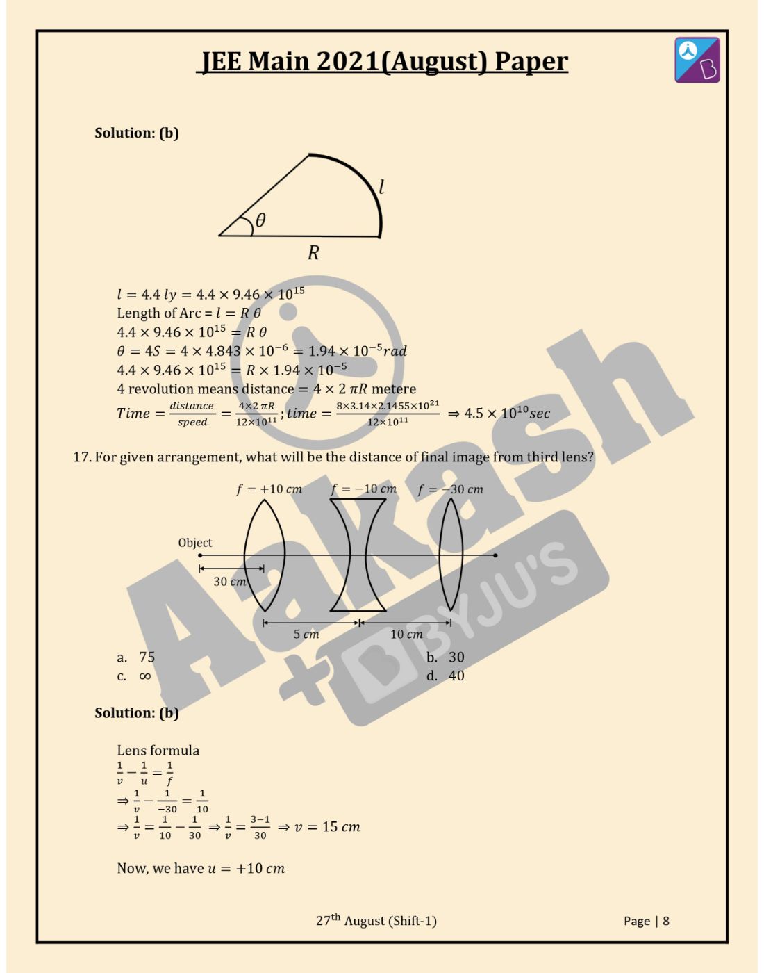 JEE Main 2021 Physics Paper With Solutions August 27 Shift 1