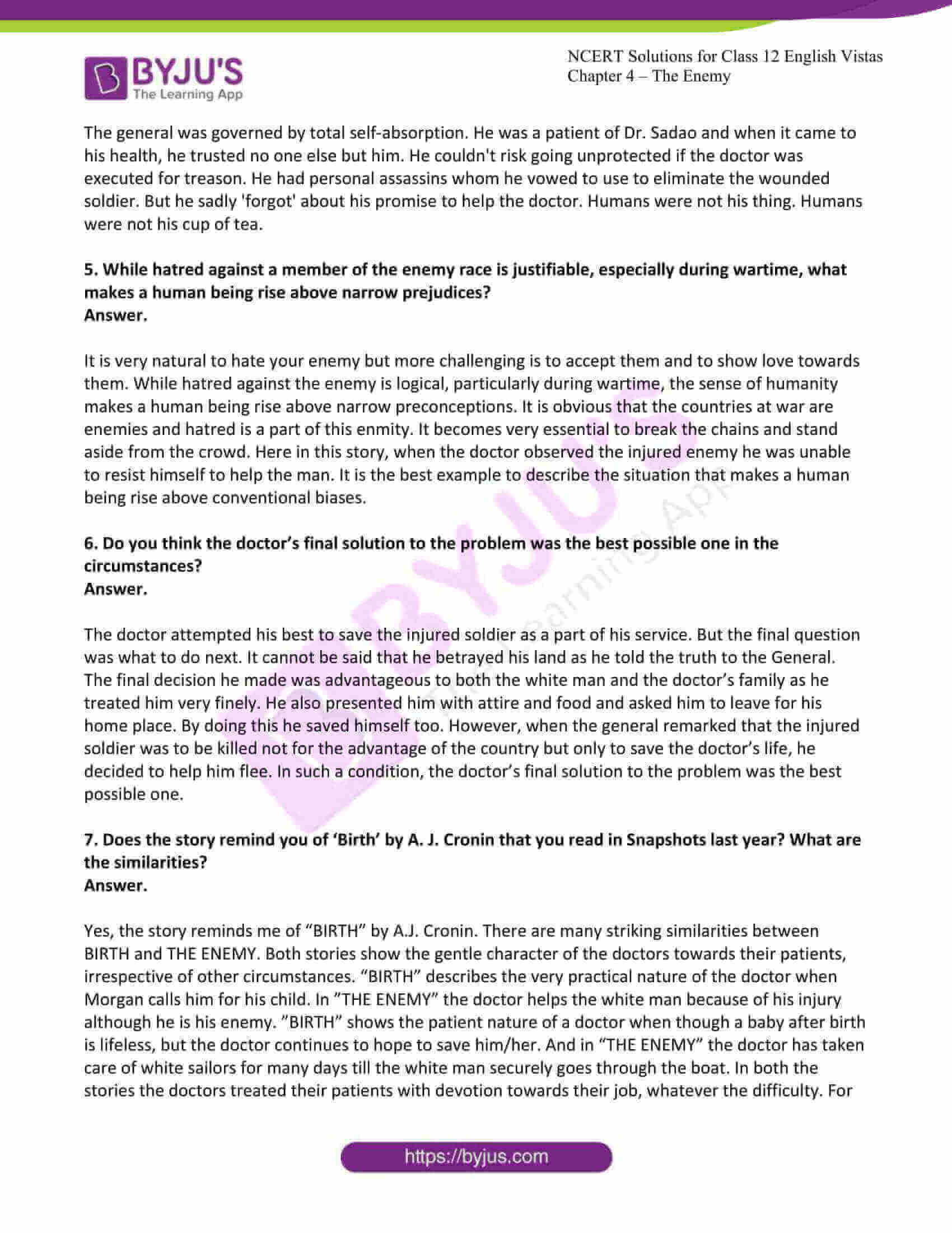 NCERT Solutions for Class 12 English Vistas Chapter 4 The Enemy - Avail ...