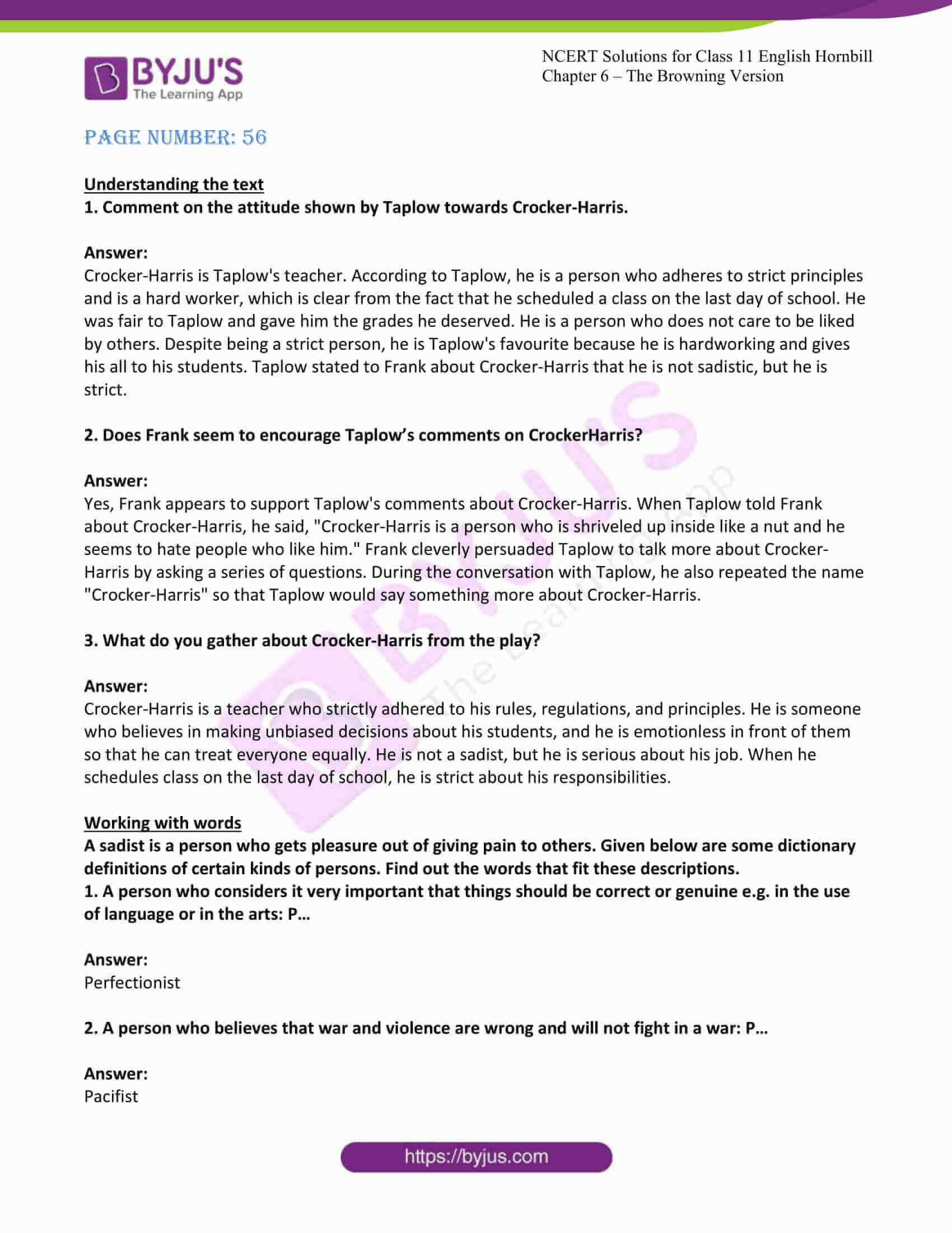 NCERT Solutions for Class 11 English Hornbill Reading Skills Chapter 6 The Browning Version