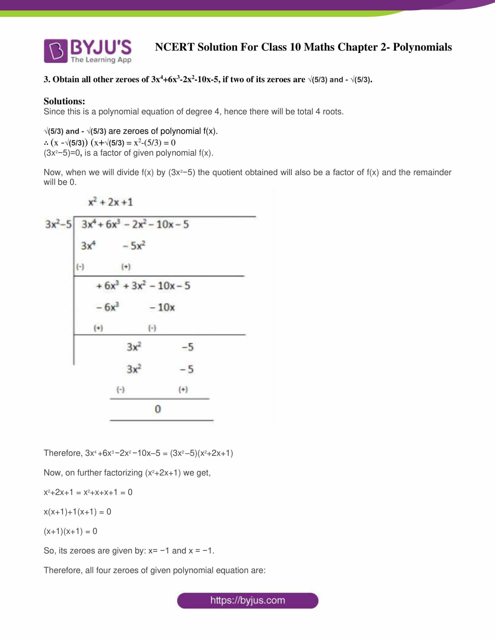NCERT Solutions for Class 10 Maths Exercise 2.3 Chapter 2 - polynomials