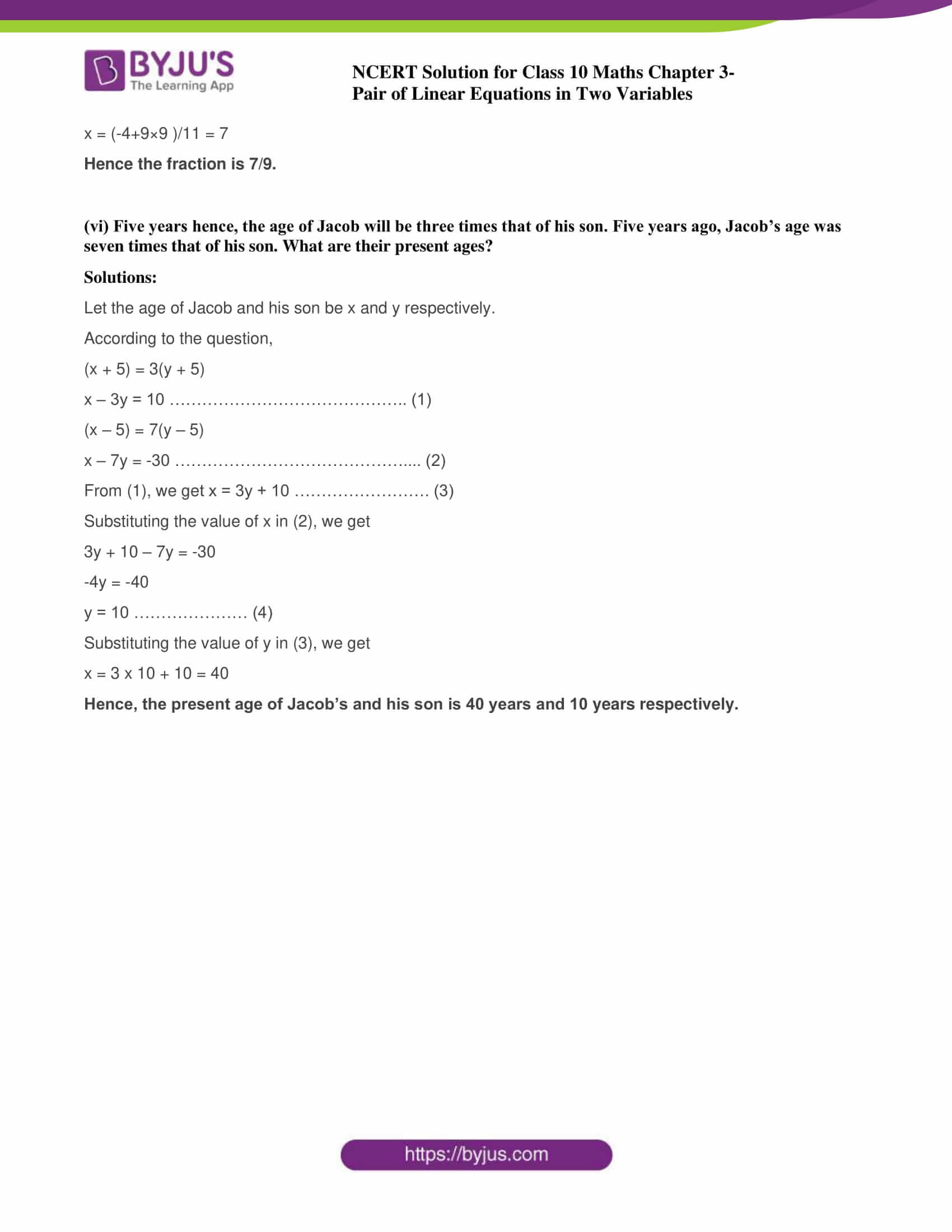 NCERT Solutions for Class 10 Maths Chapter 3 Pair of Linear Equations ...