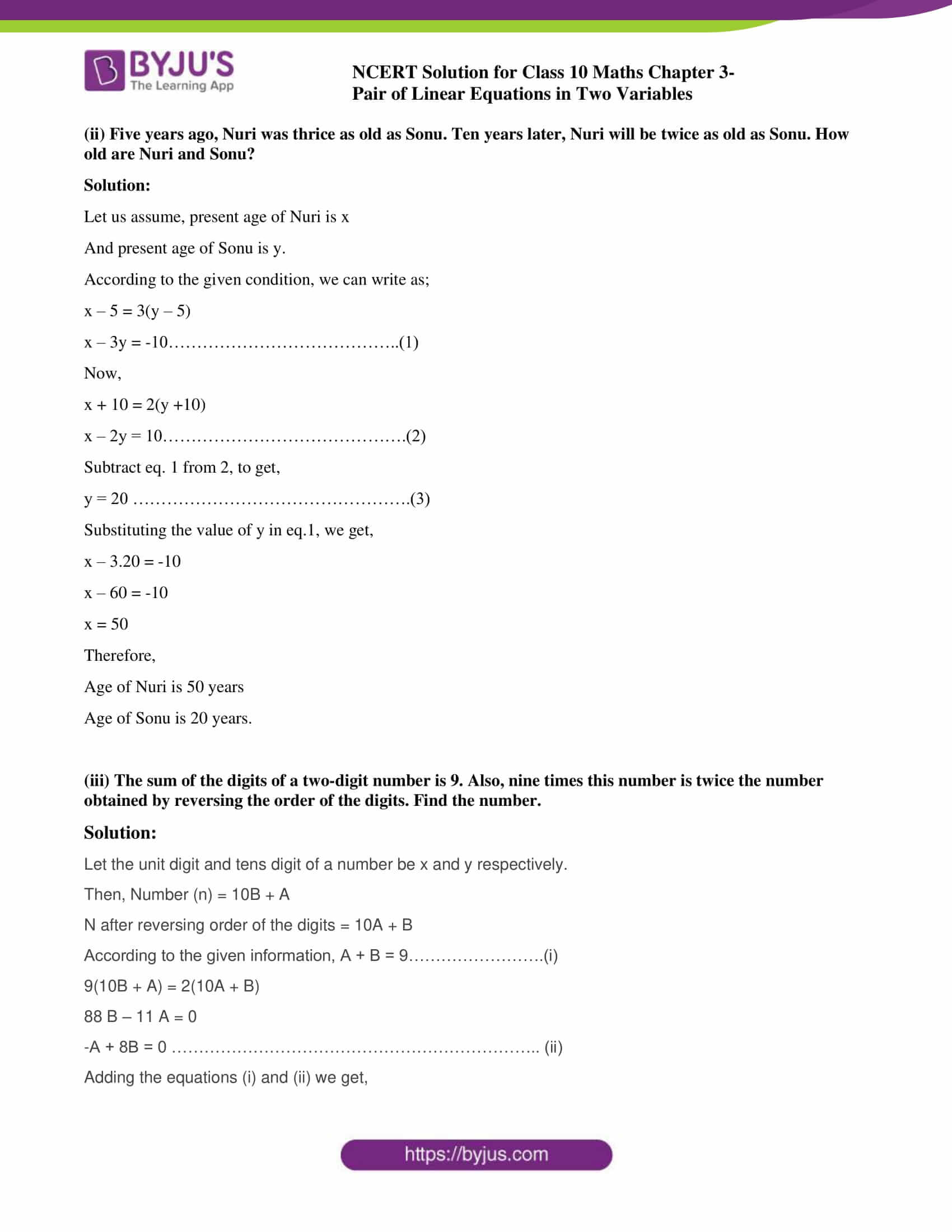 NCERT Solutions for Class 10 Maths Chapter 3 Pair of Linear Equations ...