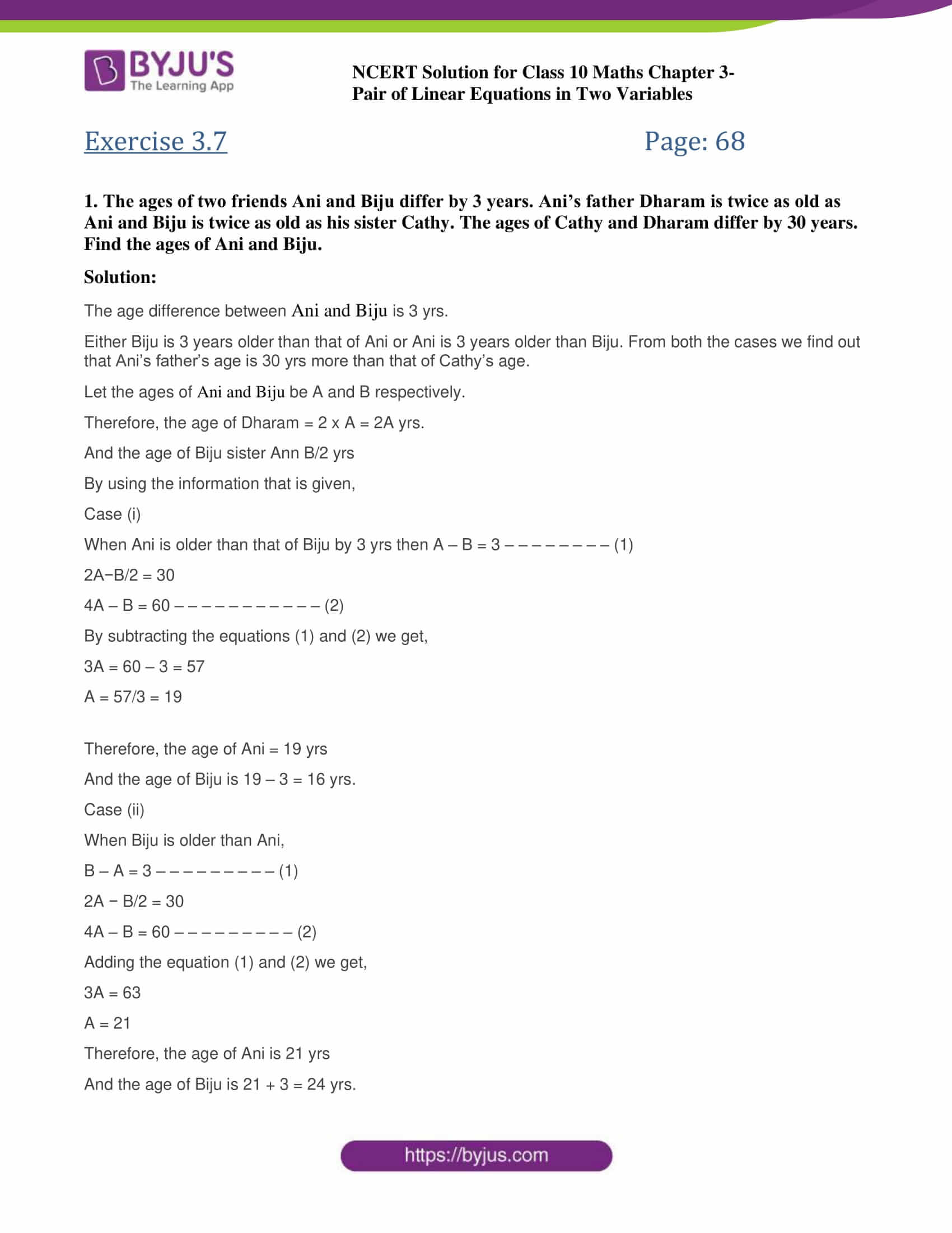 NCERT Solutions for Class 10 Maths Chapter 3 Pair of Linear Equations ...