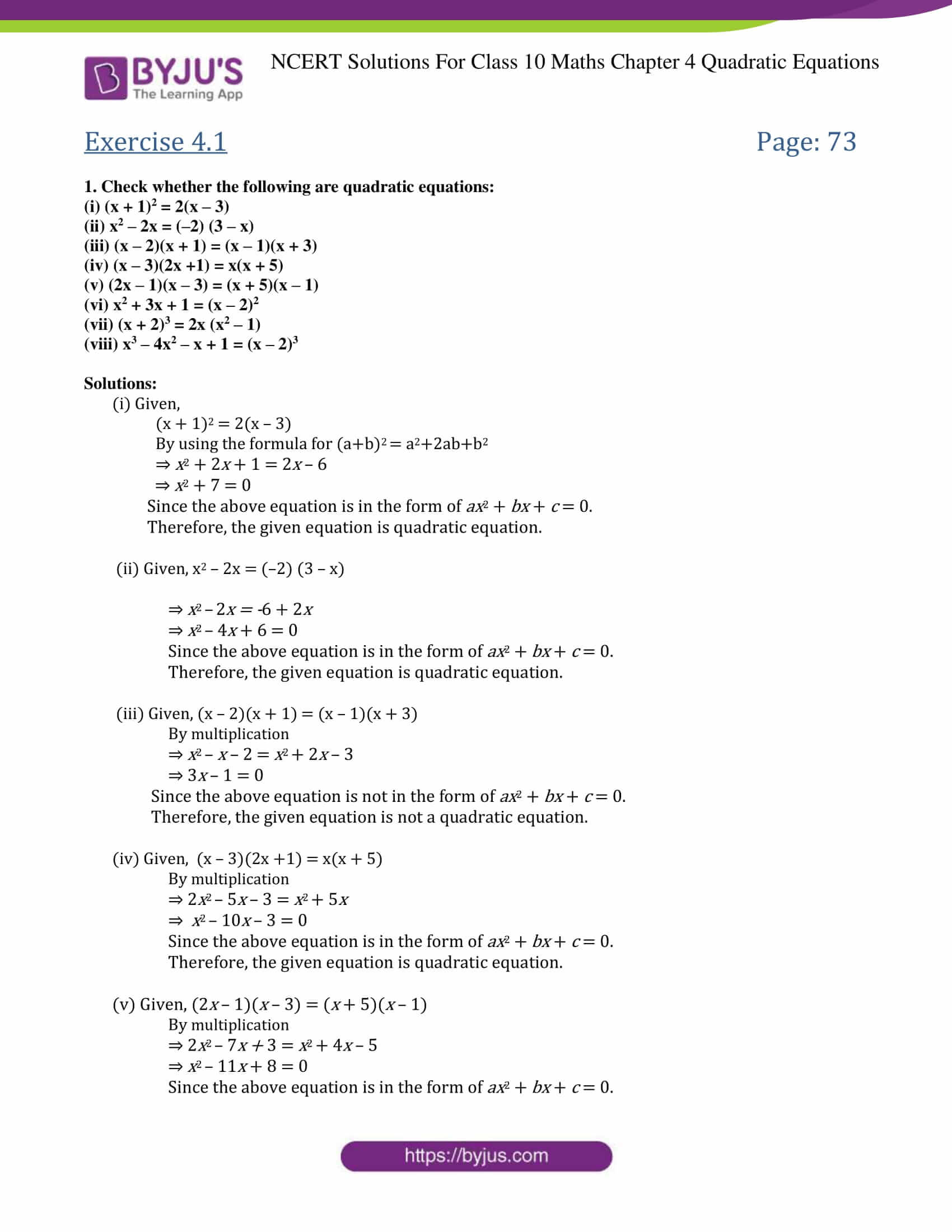 NCERT Solutions Class 10 Maths Chapter 4 Quadratic Equations