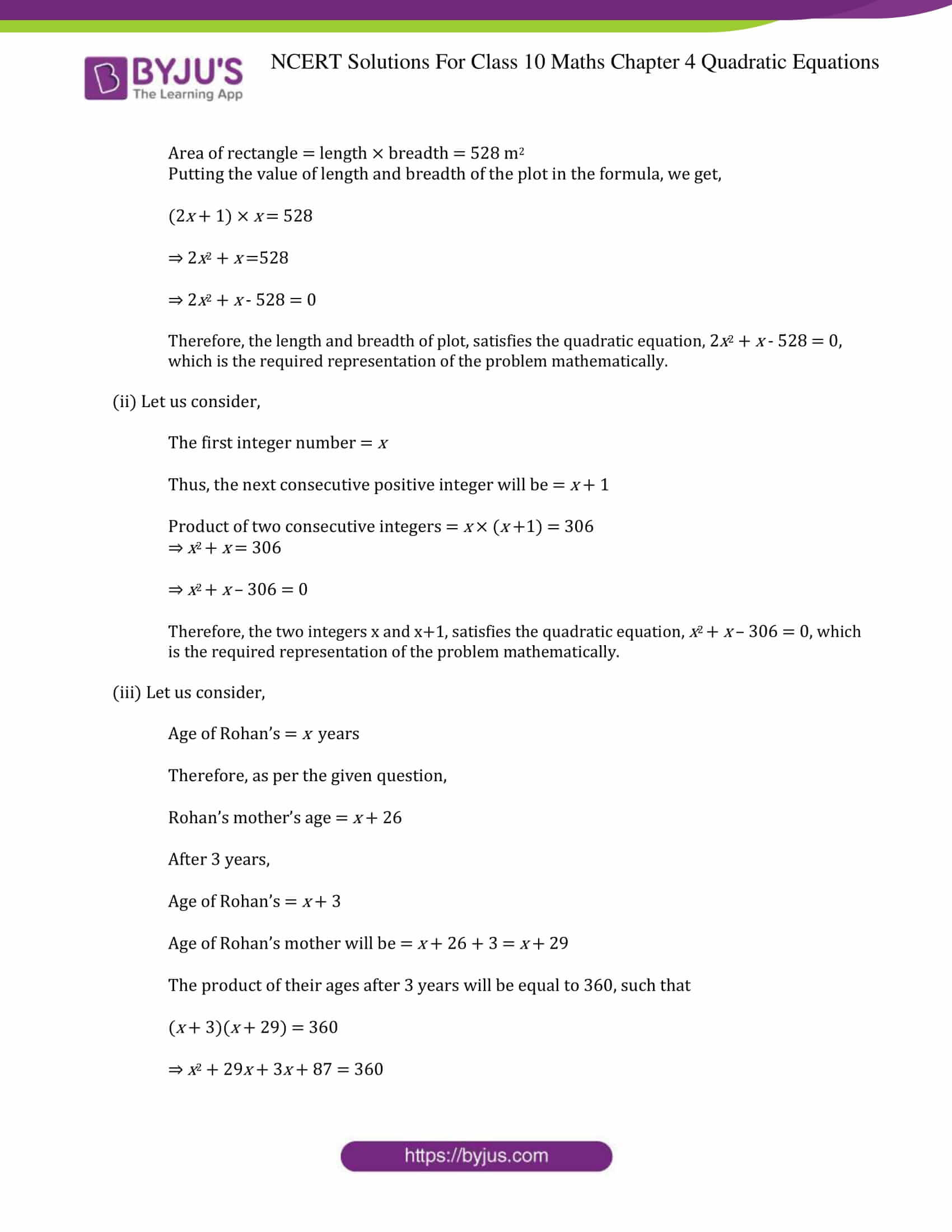 NCERT Solutions Class 10 Maths Chapter 4 Quadratic Equations