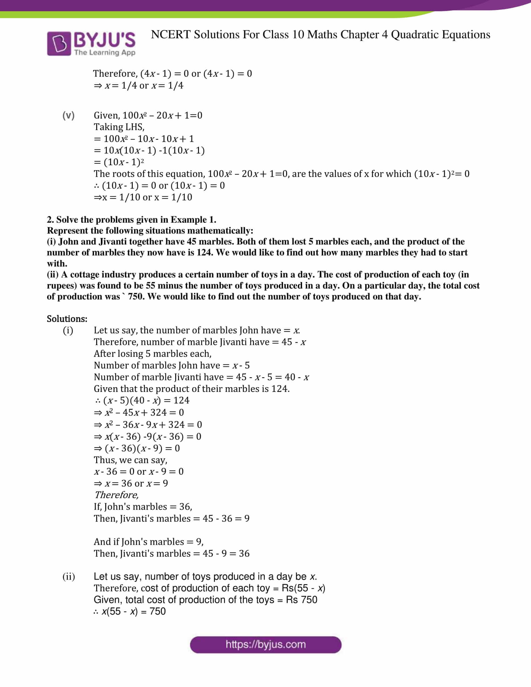 NCERT Solutions Class 10 Maths Chapter 4 Quadratic Equations