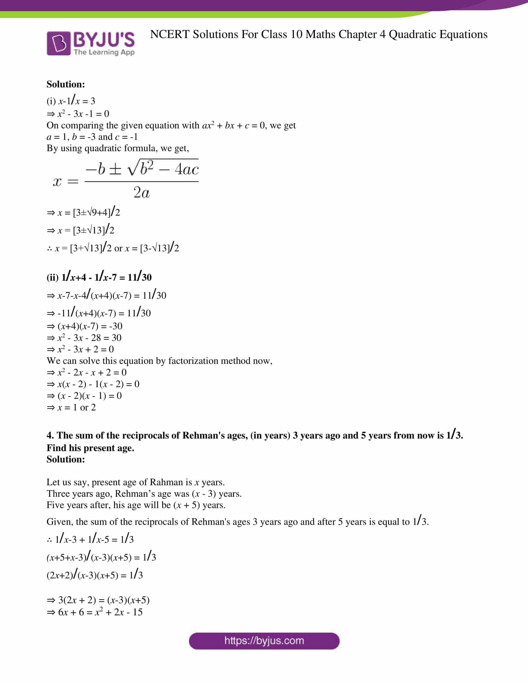 NCERT Solutions Class 10 Maths Chapter 4 Quadratic Equations