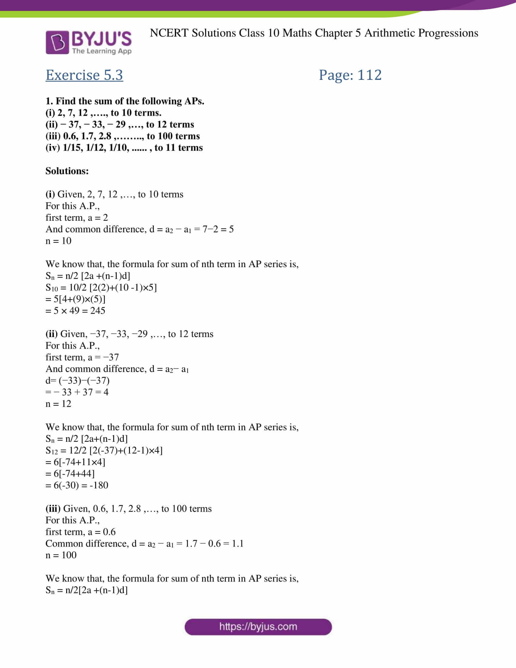 NCERT Solutions for Class 10 Maths Exercise 5.3 Chapter 5- arithmetic progressions and geometric ...