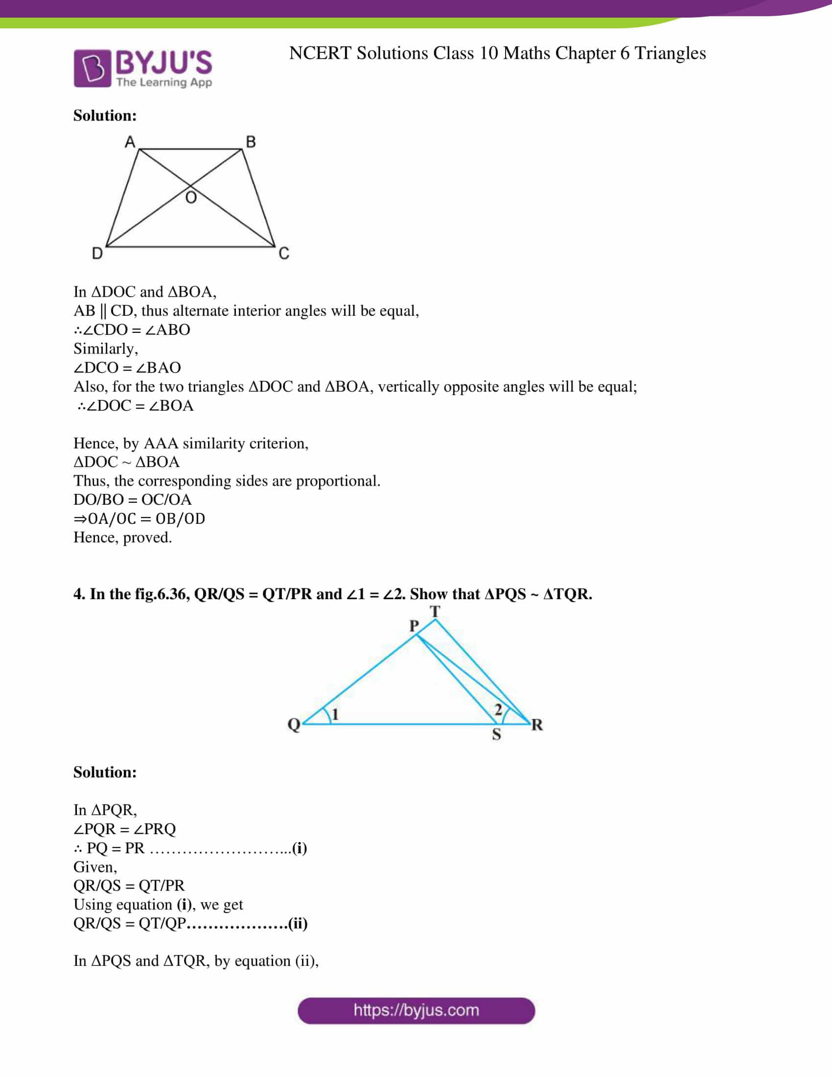 NCERT Solutions for Class 10 Maths Chapter 6 Triangles