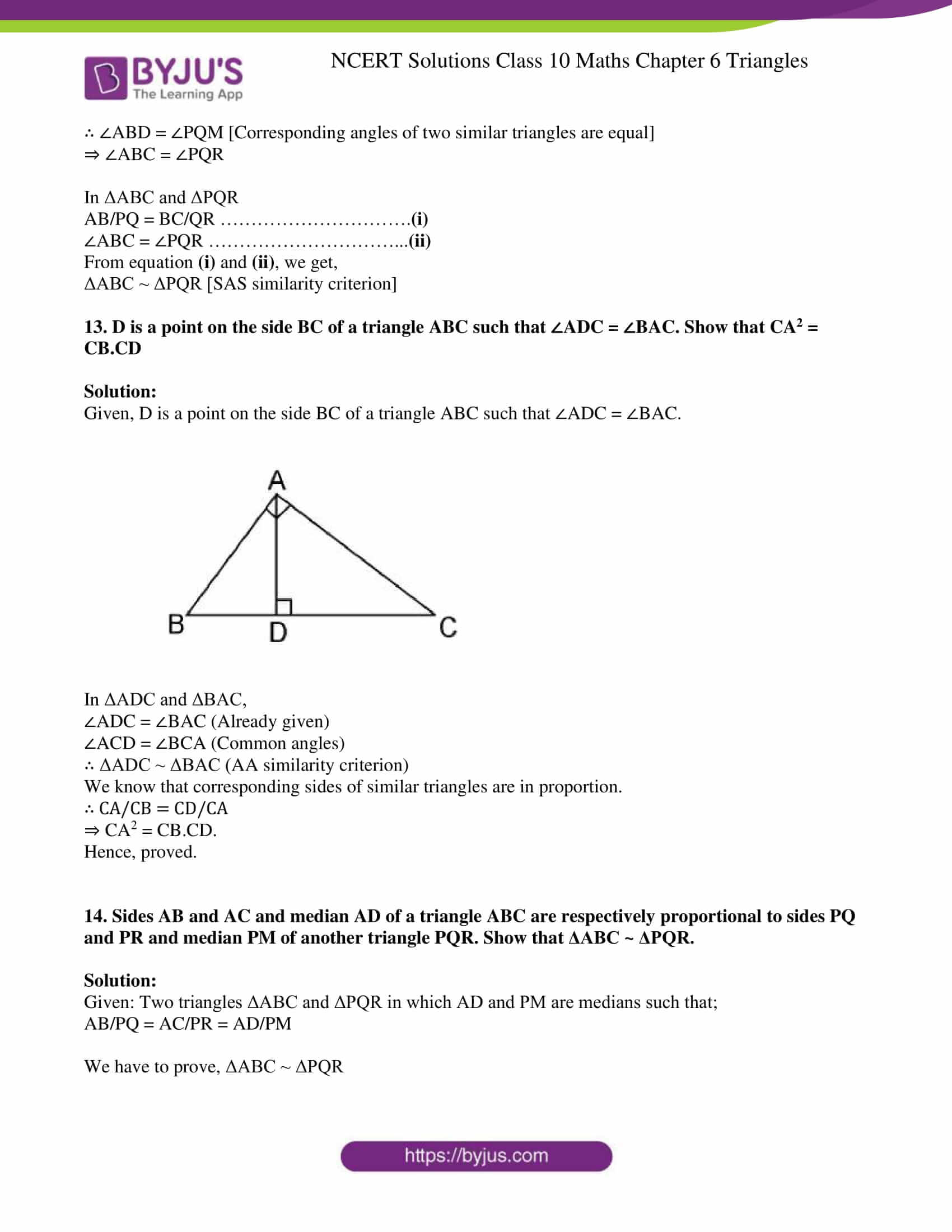 NCERT Solutions for Class 10 Maths Chapter 6 Triangles