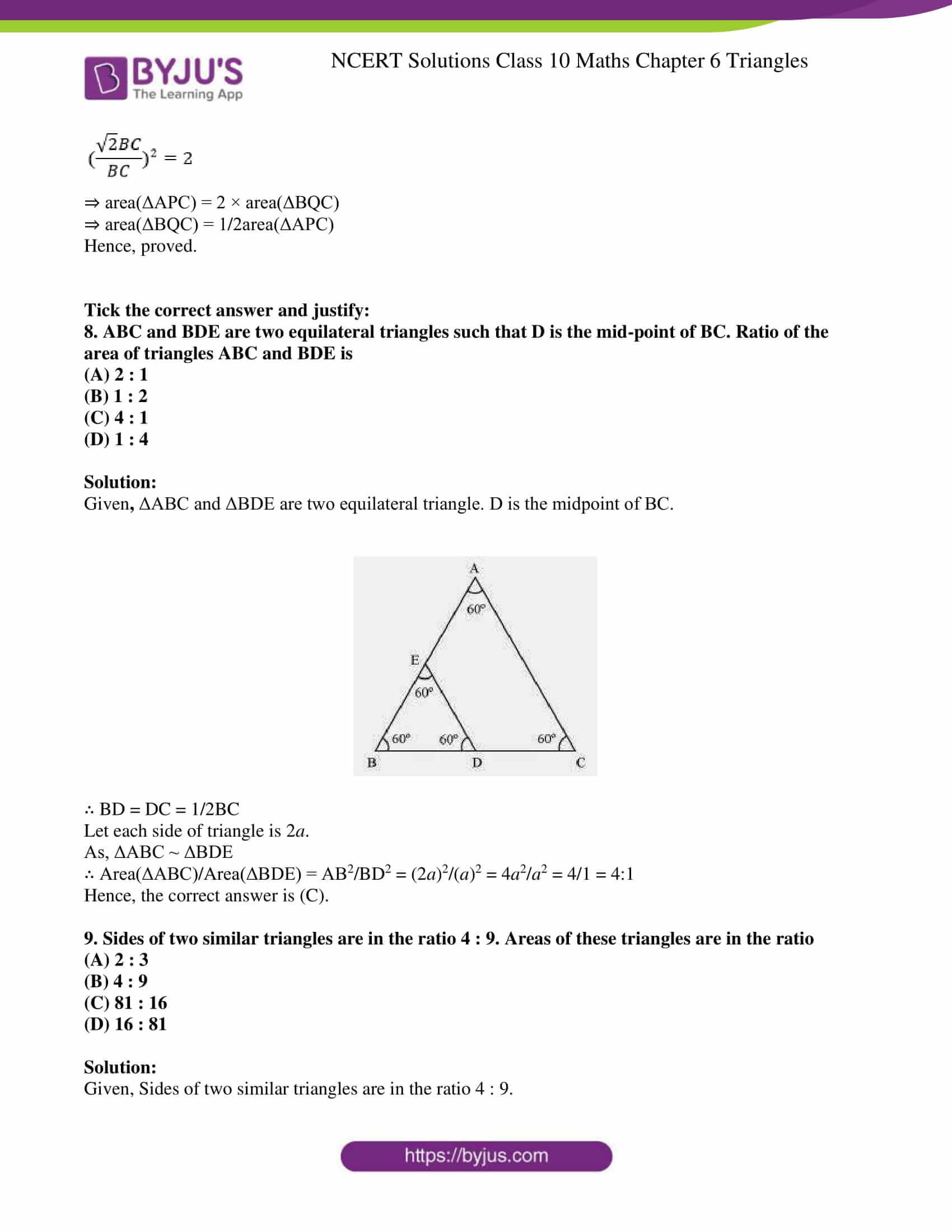 NCERT Solutions for Class 10 Maths Chapter 6 Triangles