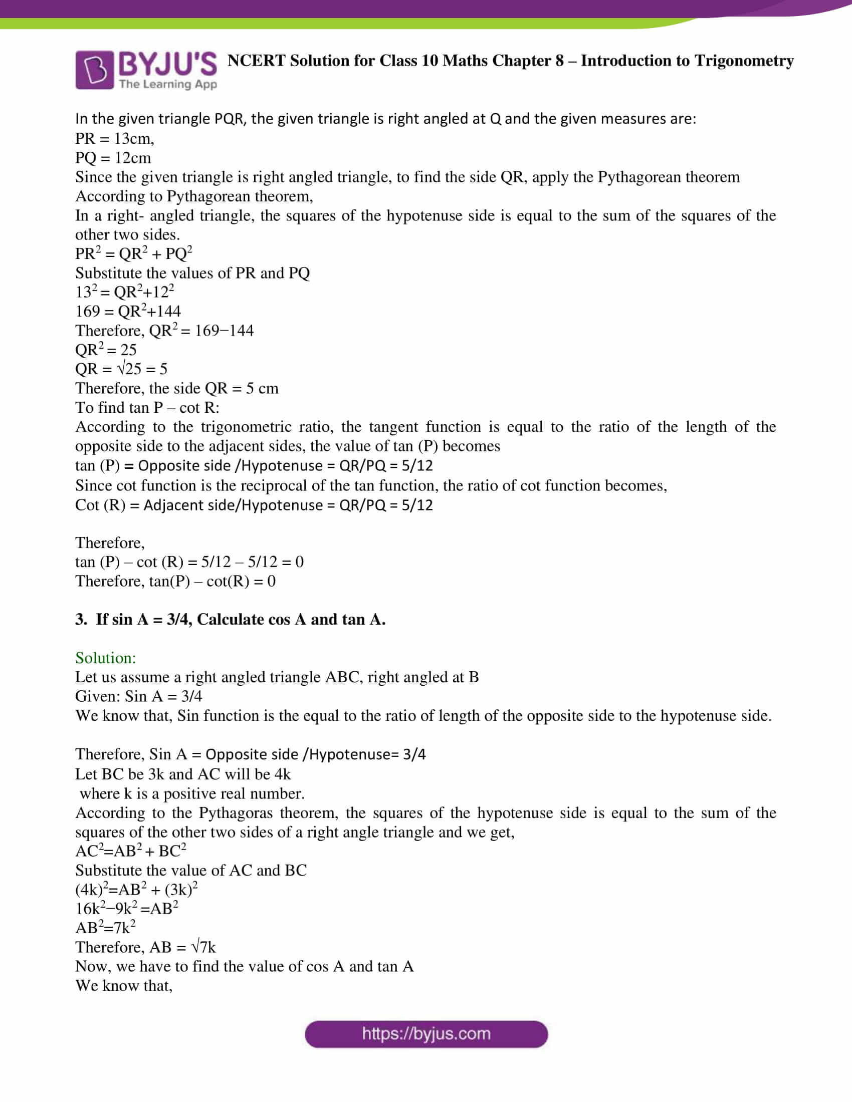 NCERT Solutions for Class 10 Maths Chapter 8 Introduction to Trigonometry