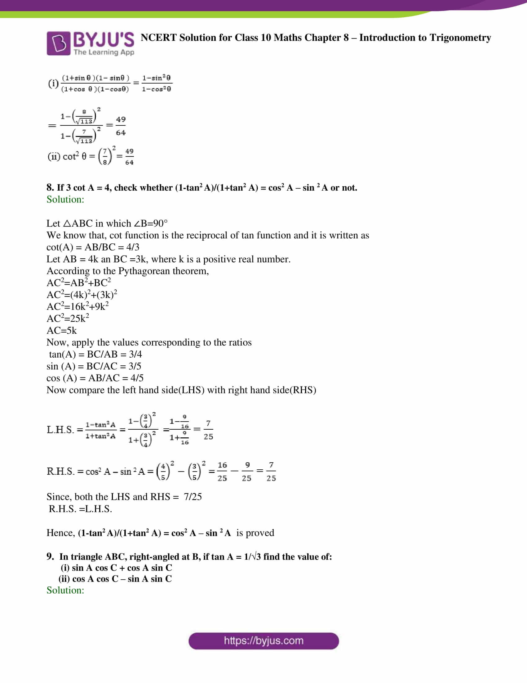 NCERT Solutions for Class 10 Maths Chapter 8 Introduction to Trigonometry