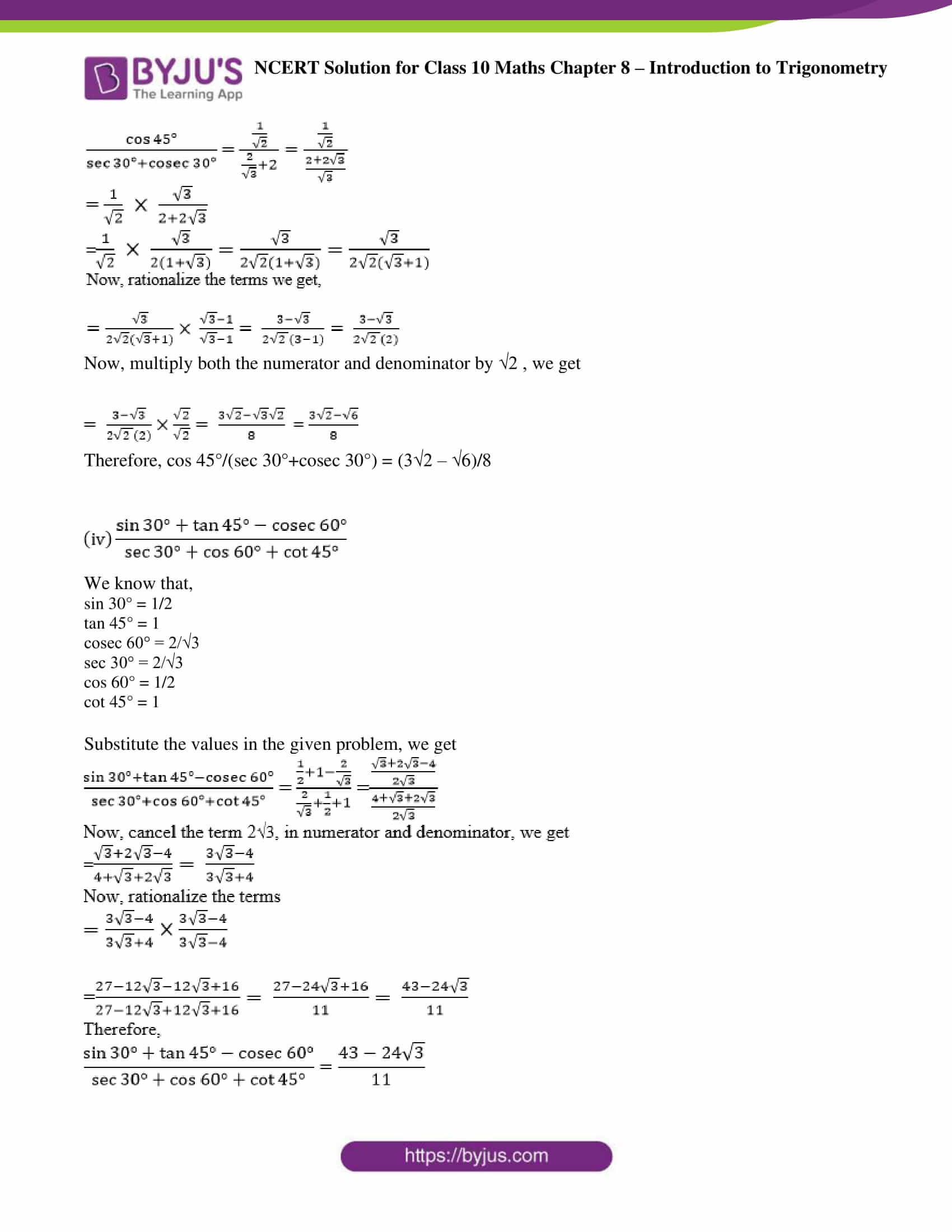NCERT Solutions for Class 10 Maths Chapter 8 Introduction to Trigonometry