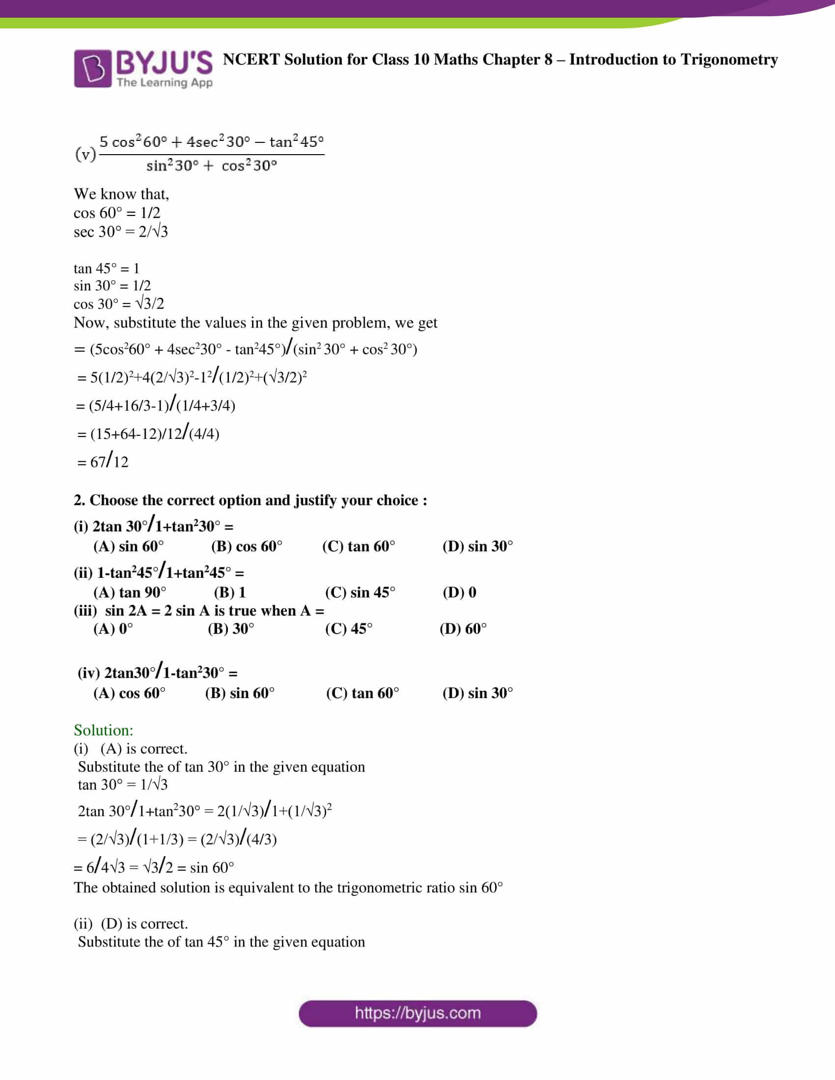 NCERT Solutions for Class 10 Maths Chapter 8 Introduction to Trigonometry