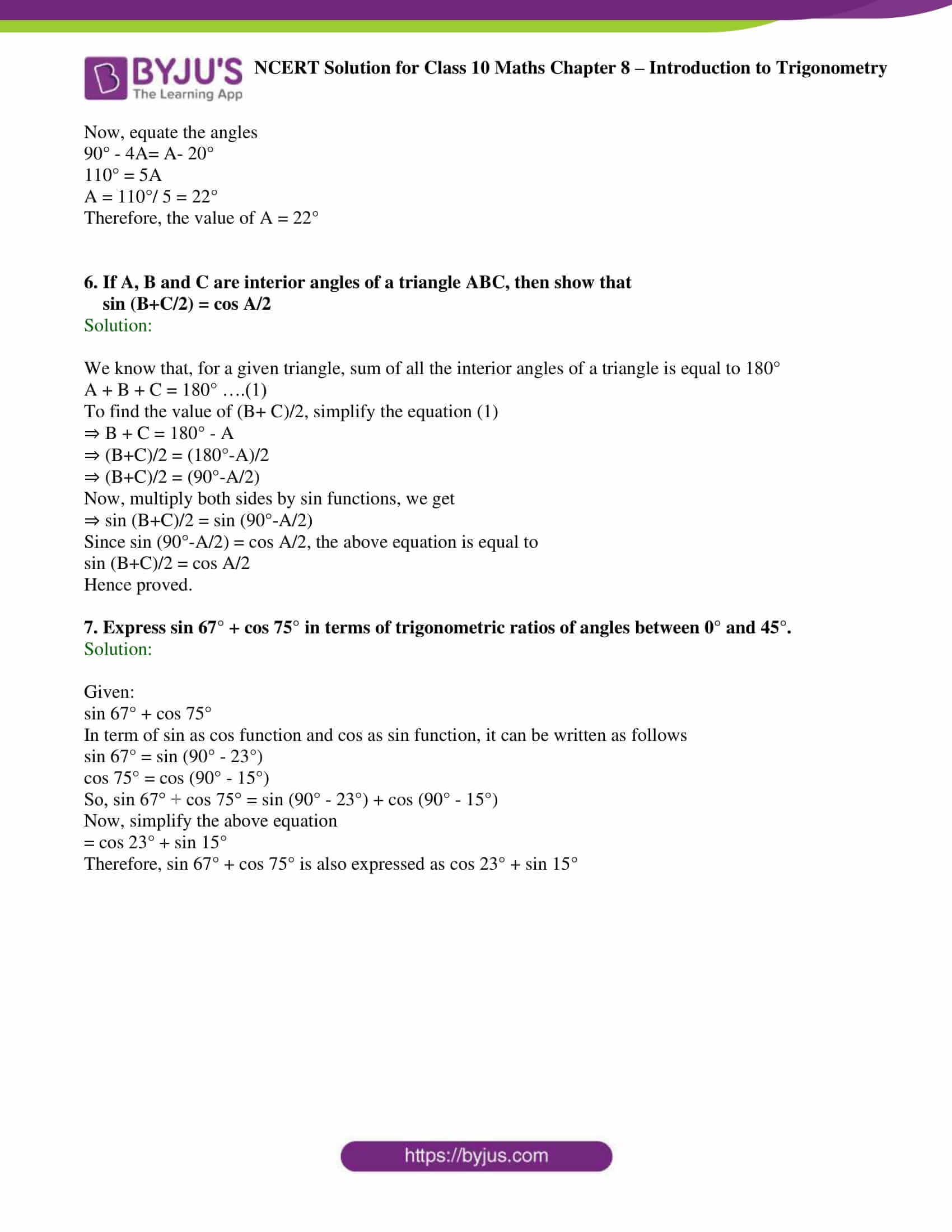 NCERT Solutions for Class 10 Maths Chapter 8 Introduction to Trigonometry