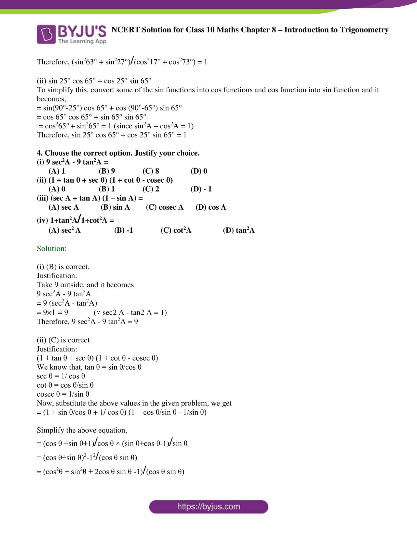 NCERT Solutions for Class 10 Maths Chapter 8 Introduction to Trigonometry