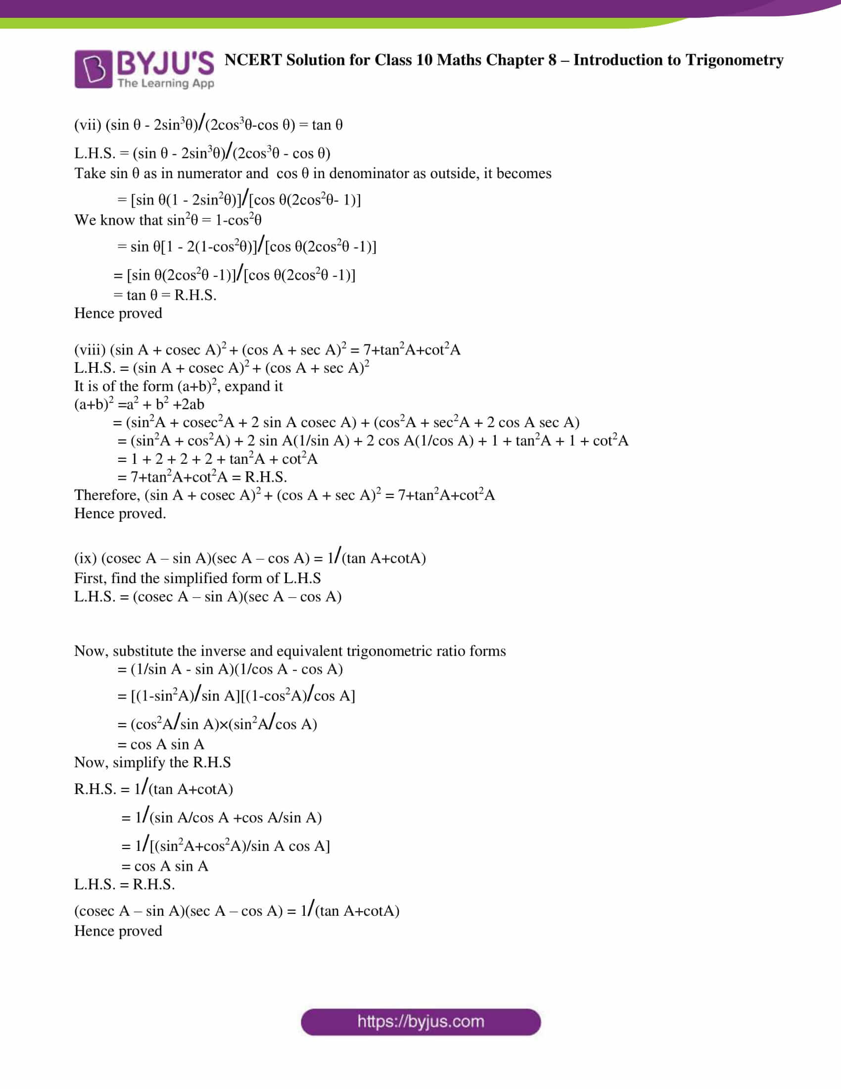 NCERT Solutions for Class 10 Maths Chapter 8 Introduction to Trigonometry