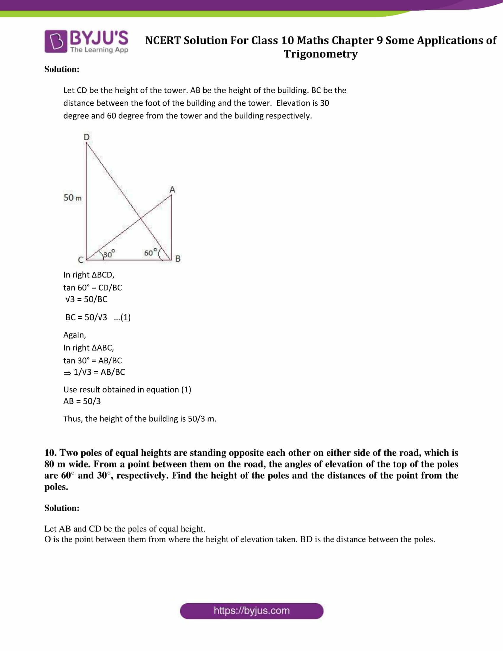 NCERT Solutions for Class 10 Maths Chapter 9 Some Applications of Trigonometry