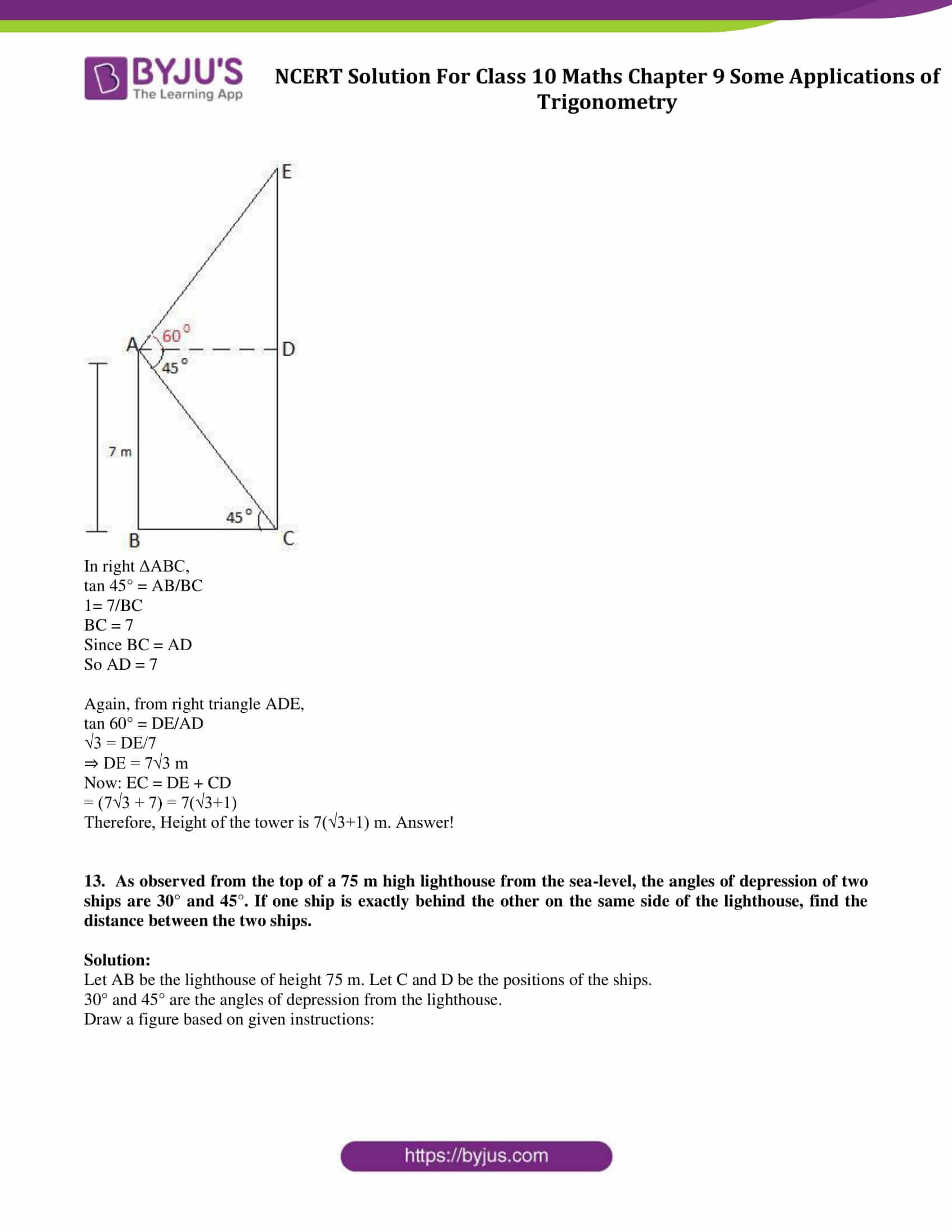 Ncert Solutions For Class 10 Maths Chapter 9 Some Applications Of Trigonometry