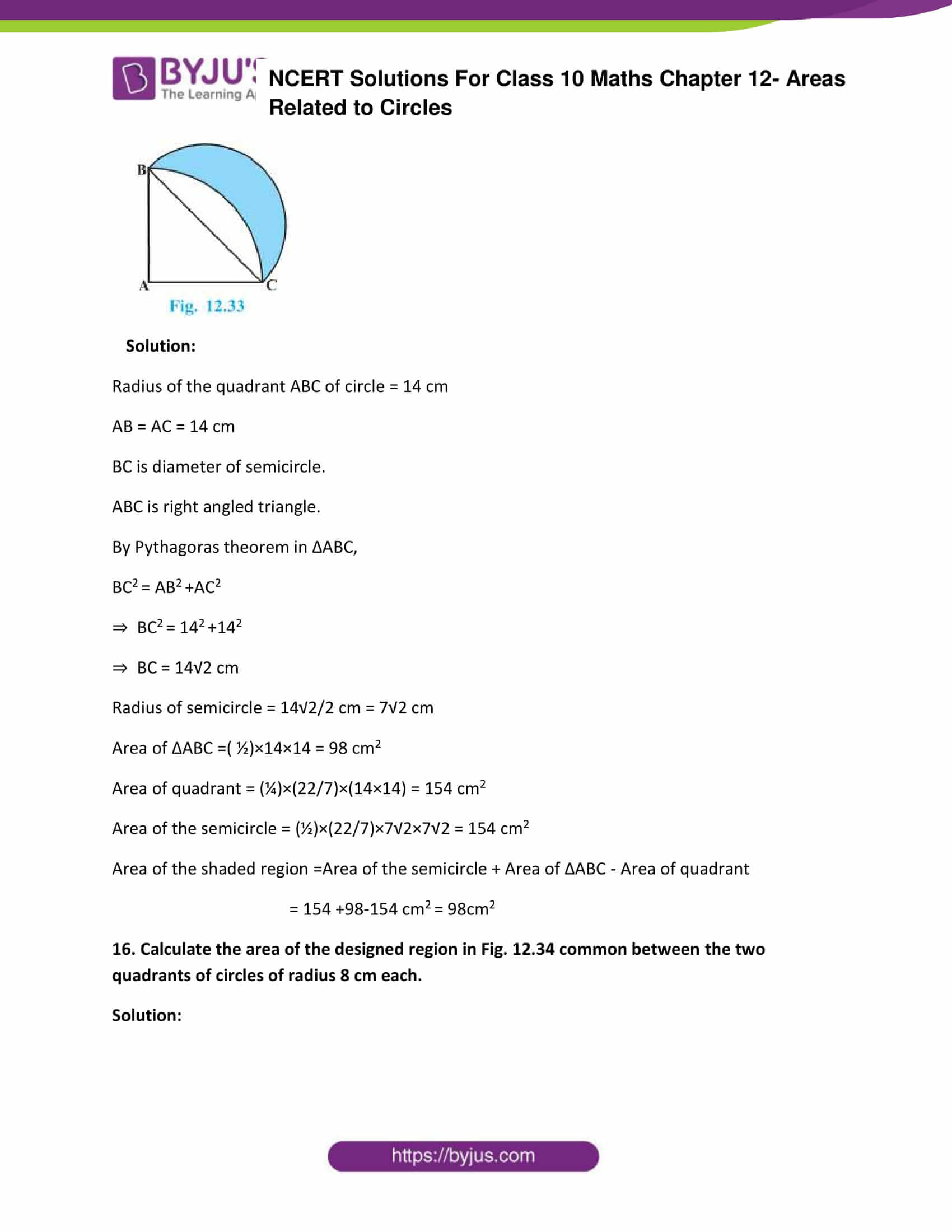 NCERT Solutions for Class 10 Maths Chapter 12 Areas Related to Circles