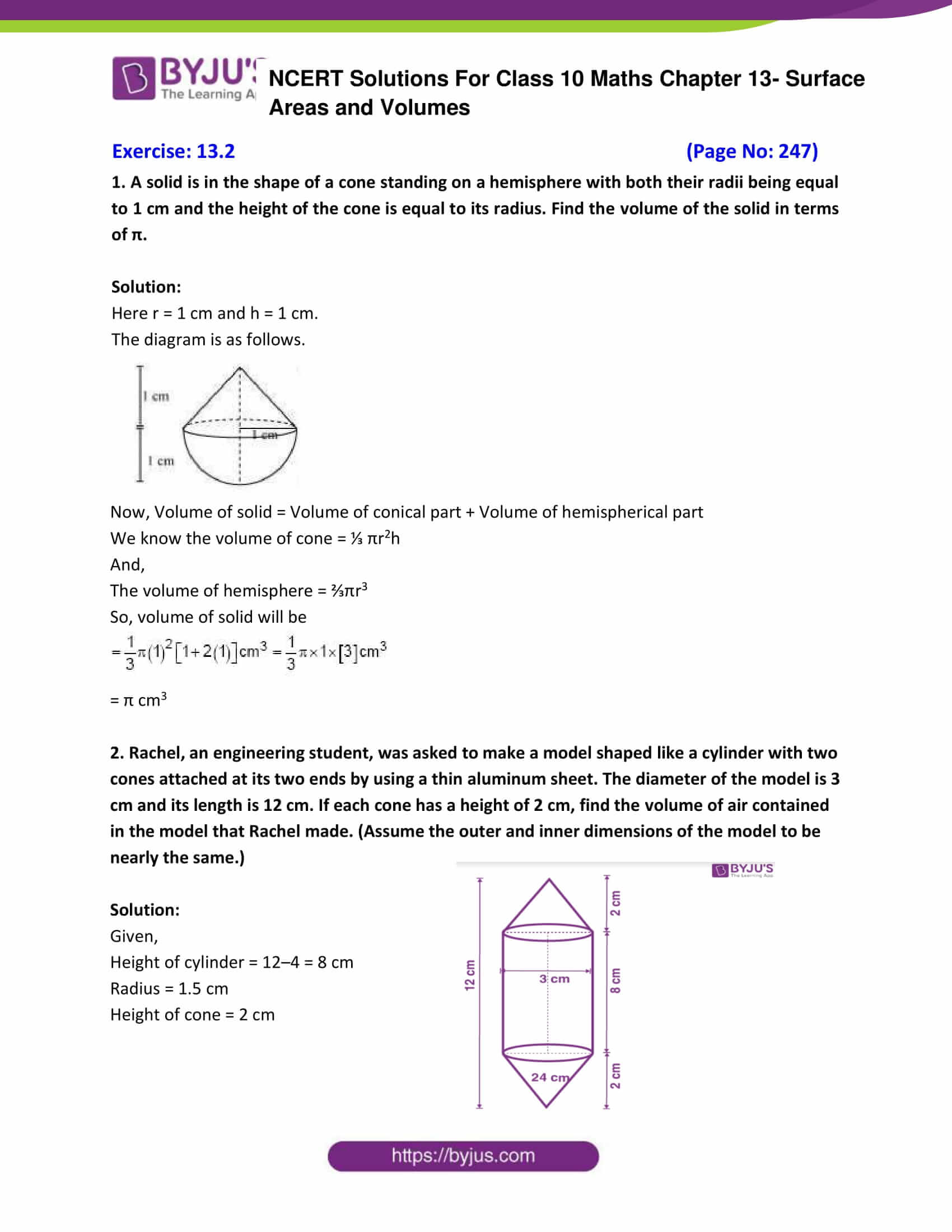 NCERT Solutions for Class 10 Maths Exercise 13.2 Chapter 13- surface areas and volumes