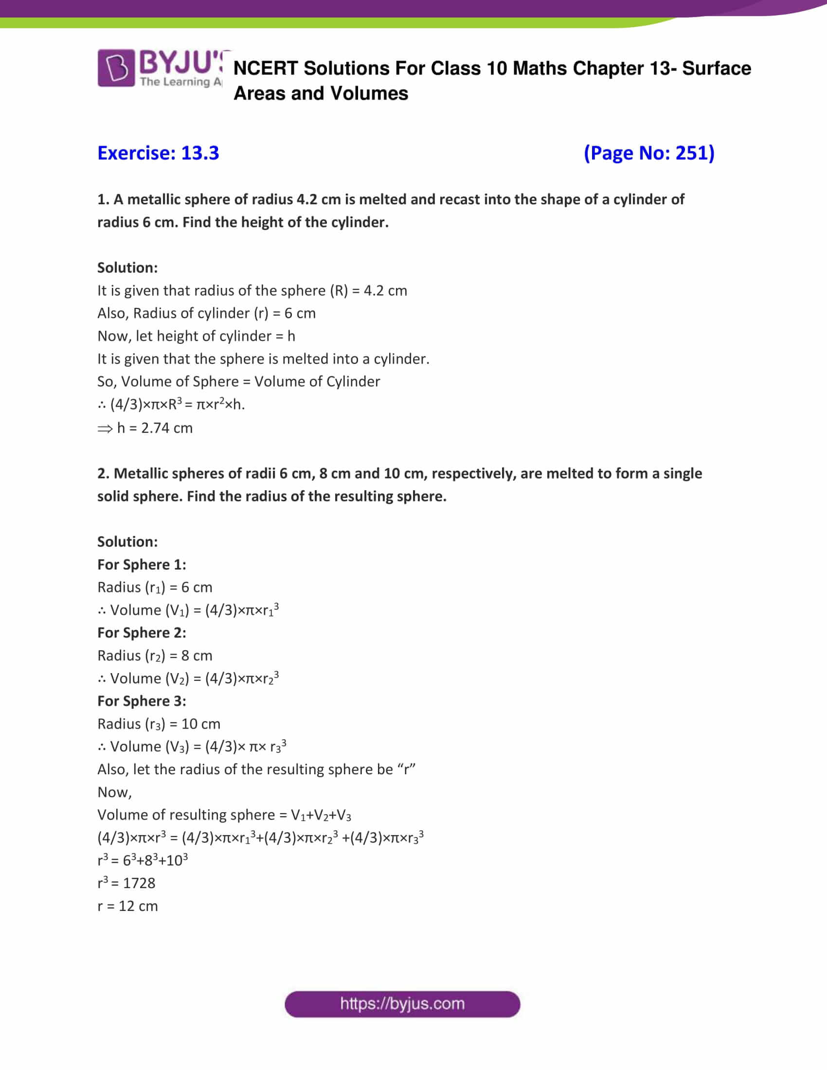 NCERT Solutions for Class 10 Maths Exercise 13.3 Chapter 13- surface ...