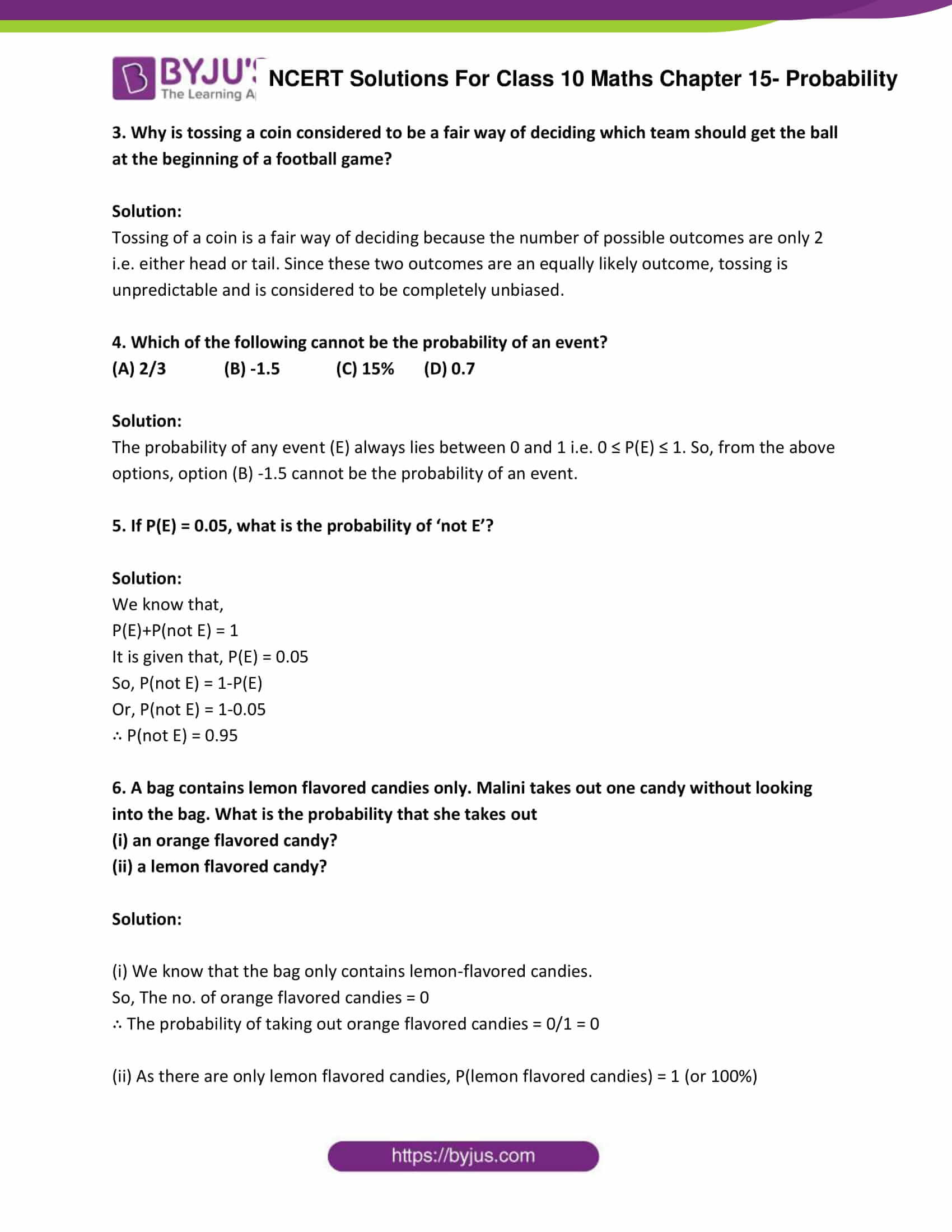 NCERT Solutions for Class 10 Maths Chapter 15 Probability